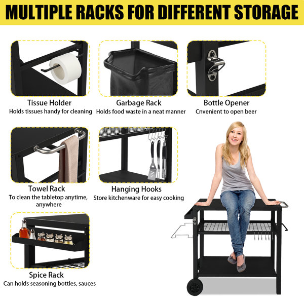 Wade Logan® Bernece Outdoor Grill Dining Cart Movable BBQ Trolley with ...