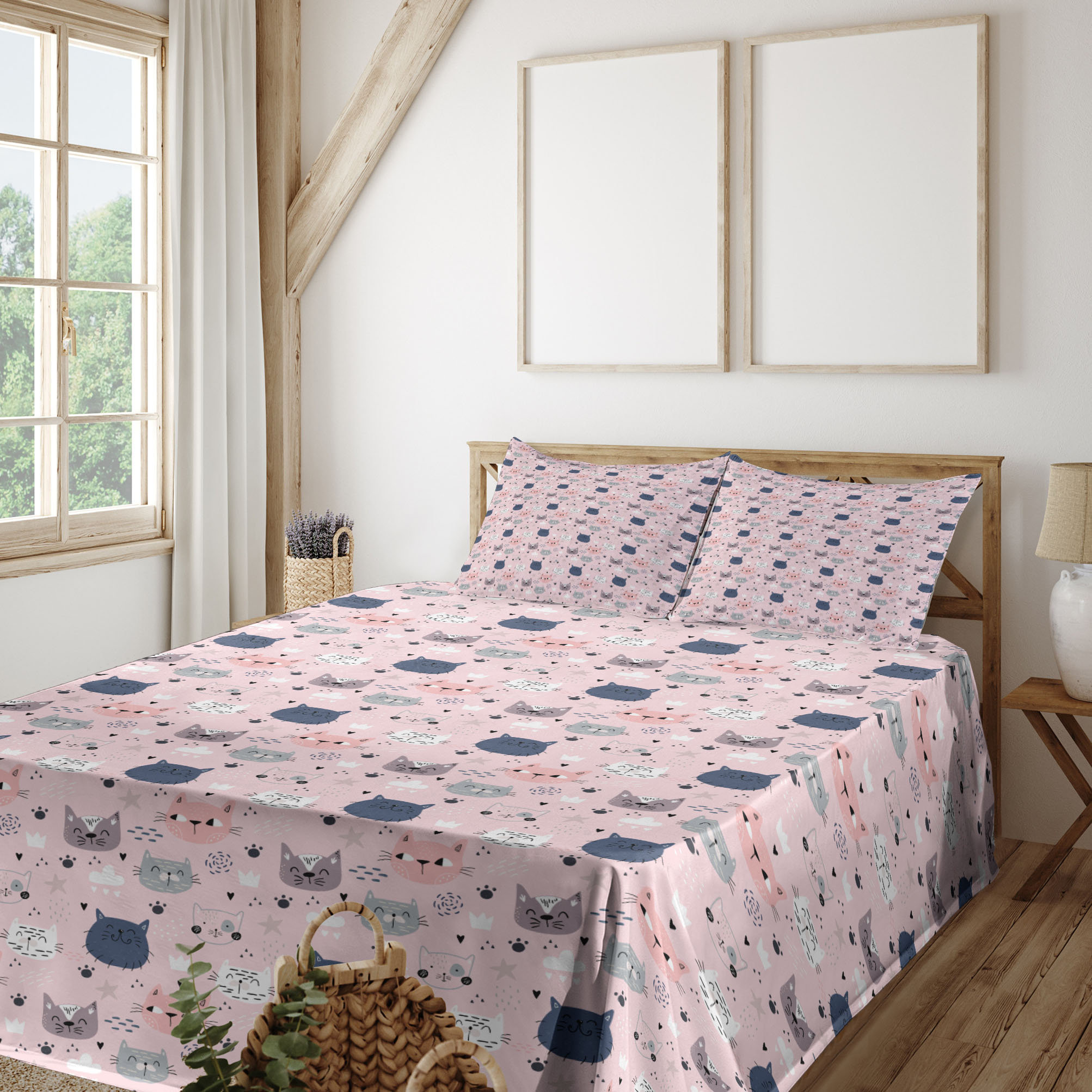 Ambesonne Cat Sheet Set 4 Pcs Animal Faces Star Crown Art Soft Pink and ...