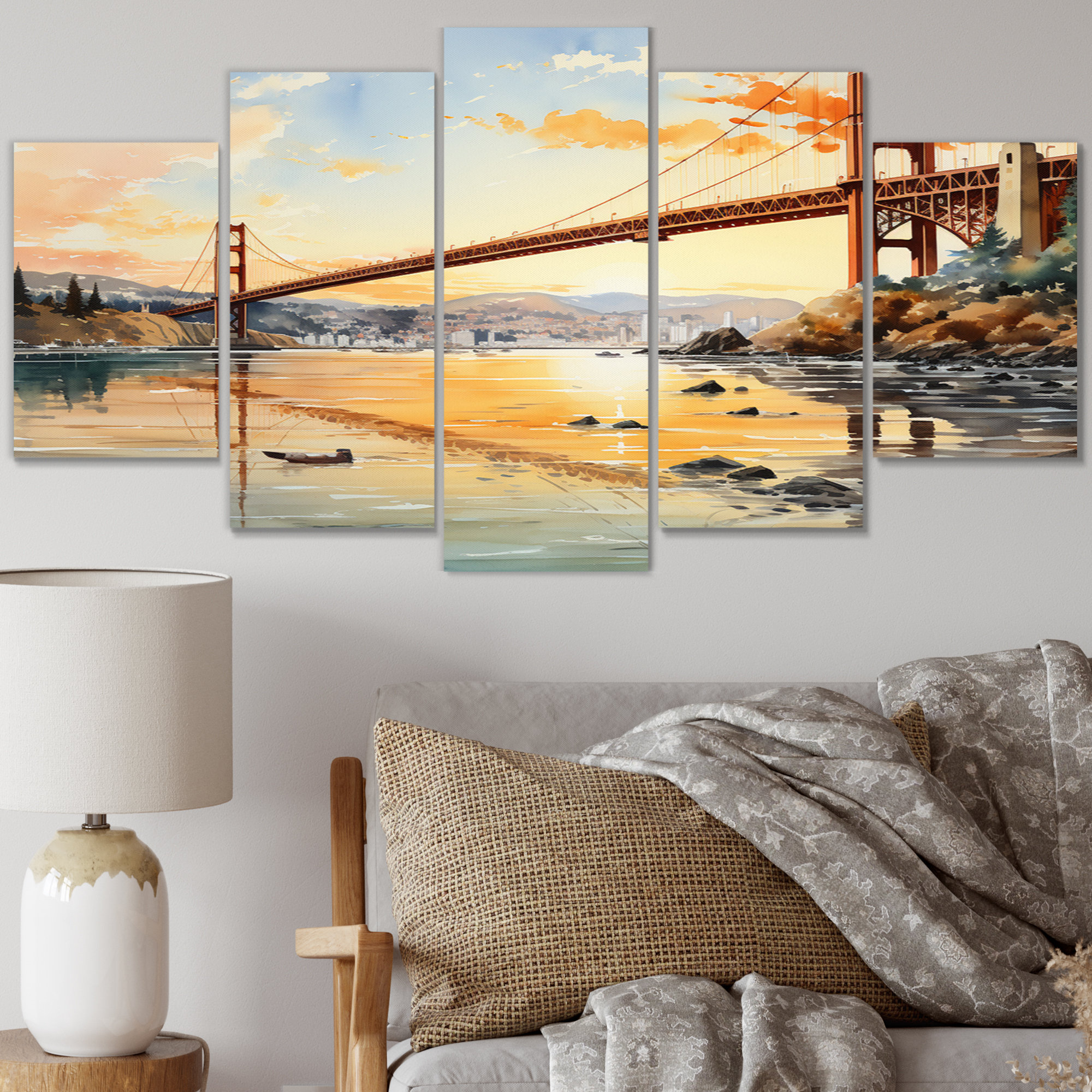 Dovecove Orange Bridge Golden Gateway V - Bridges Wall Decor - 5 Panels ...