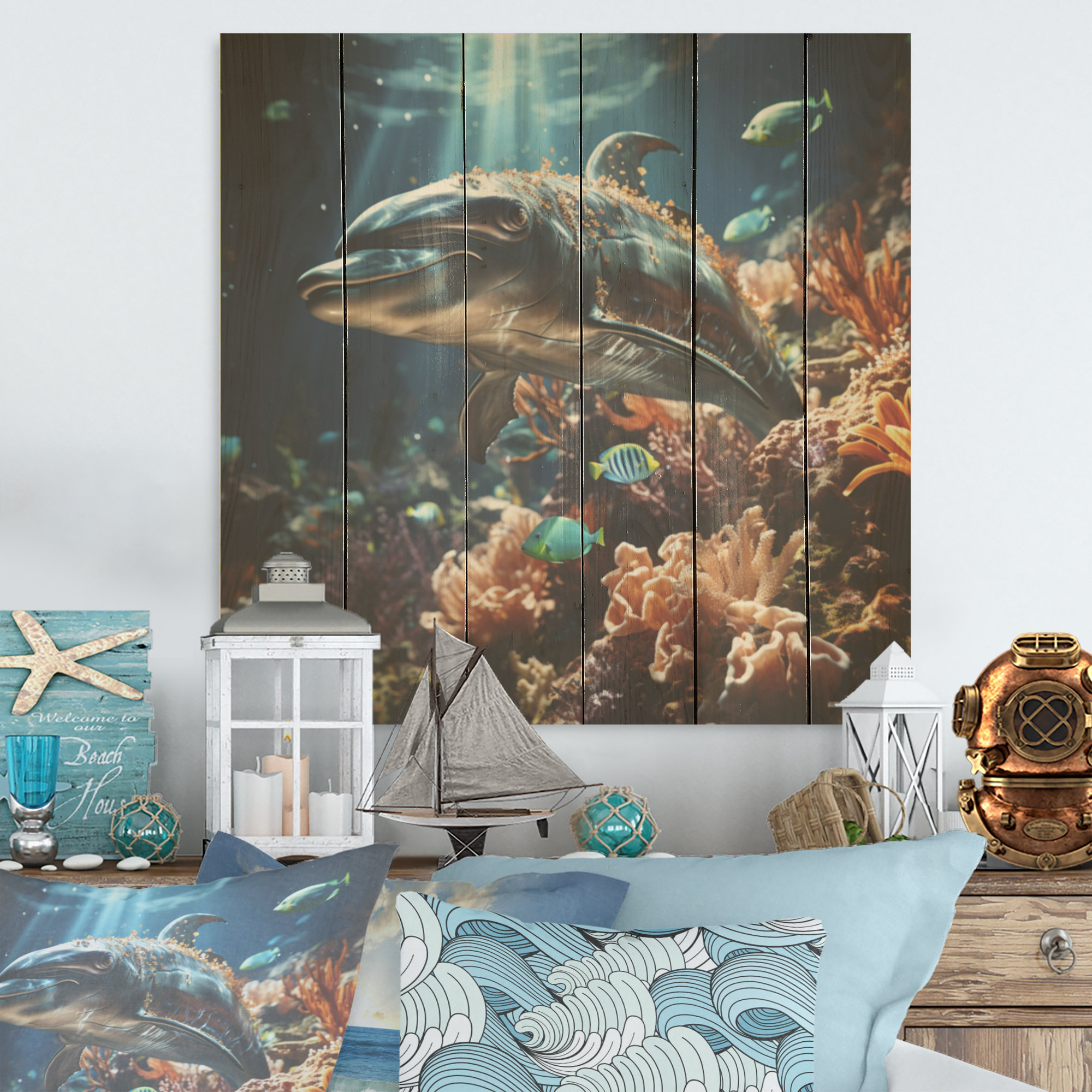 Beachcrest Home™ Dolphin Dreamscape - Dolphin Wood Wall Art On Natural ...