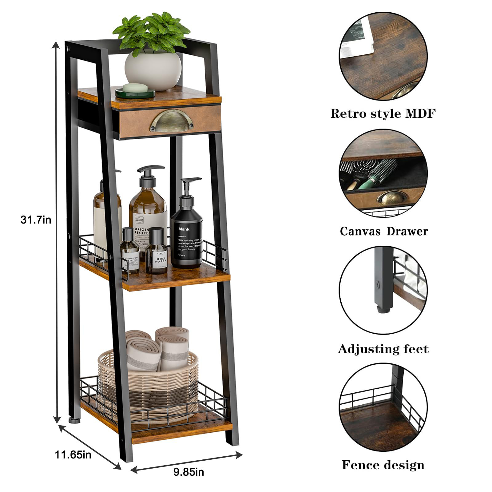 Rebrilliant 3-Tier Narrow Bathroom Shelves with Drawer, Bathroom ...