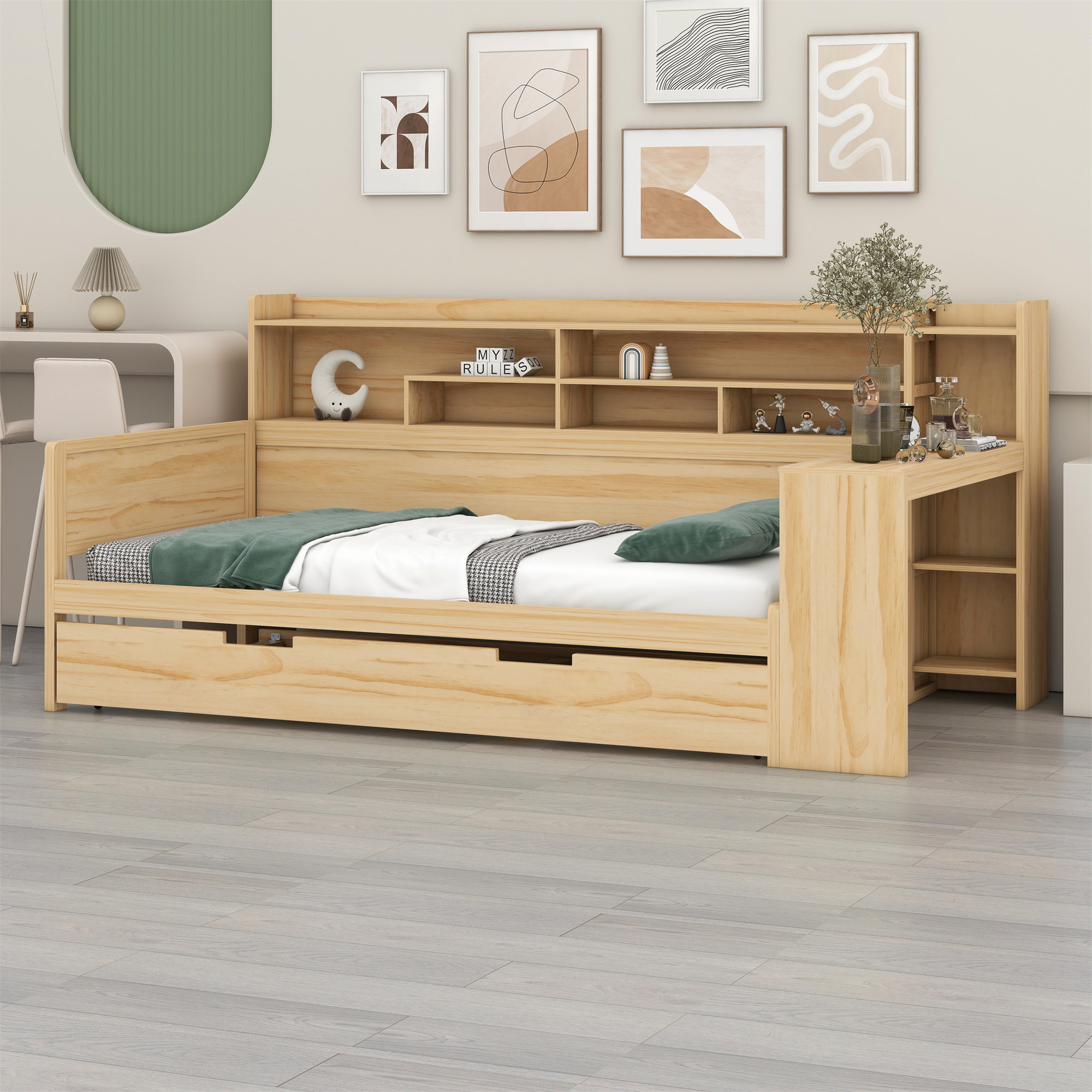 Latitude Run® Wooden Daybed With Storage Shelves,Trundle Bed And Study ...