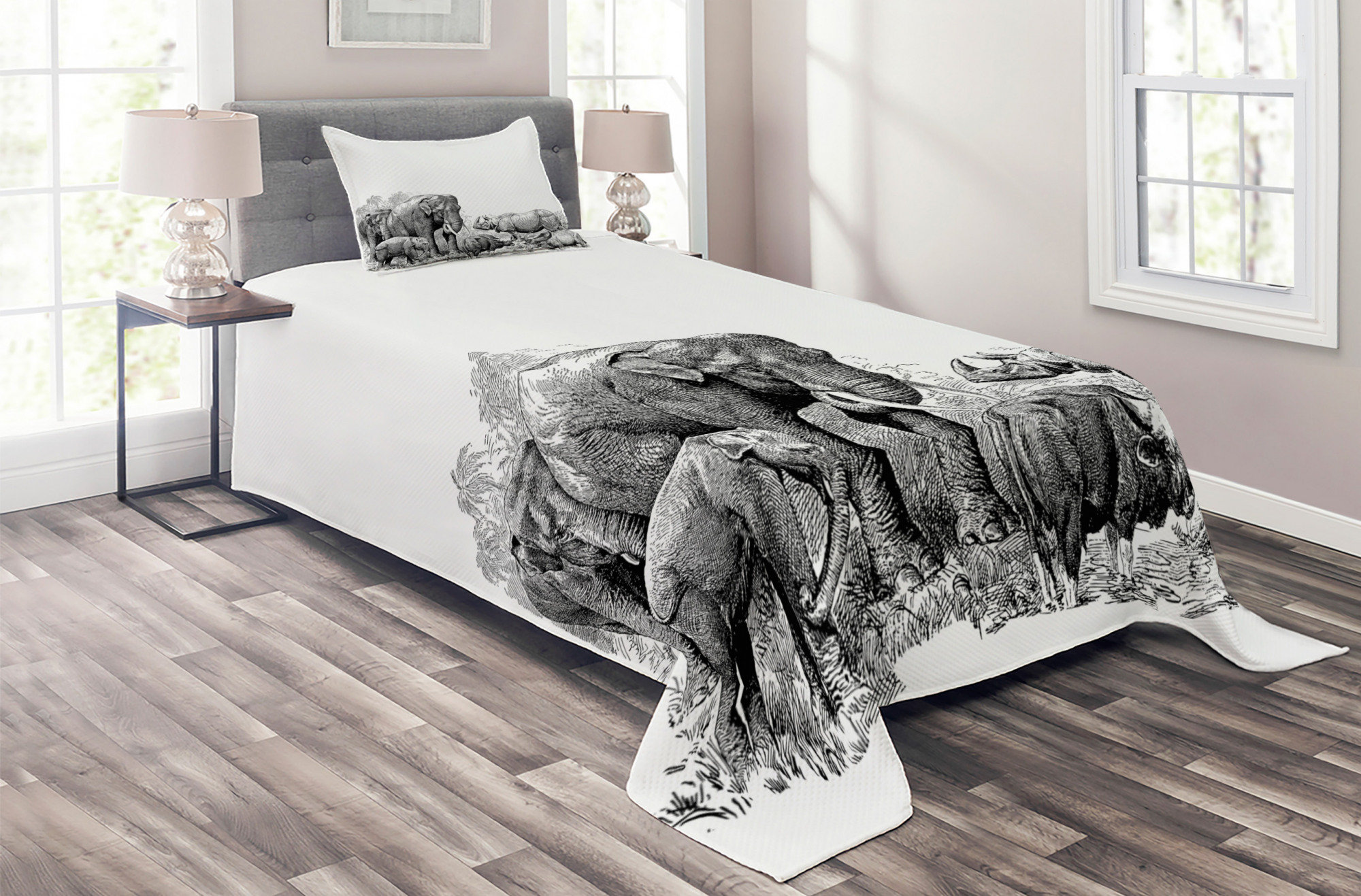 Ambesonne Elephant Gray Microfiber Rustic Coverlet / Bedspread Set ...