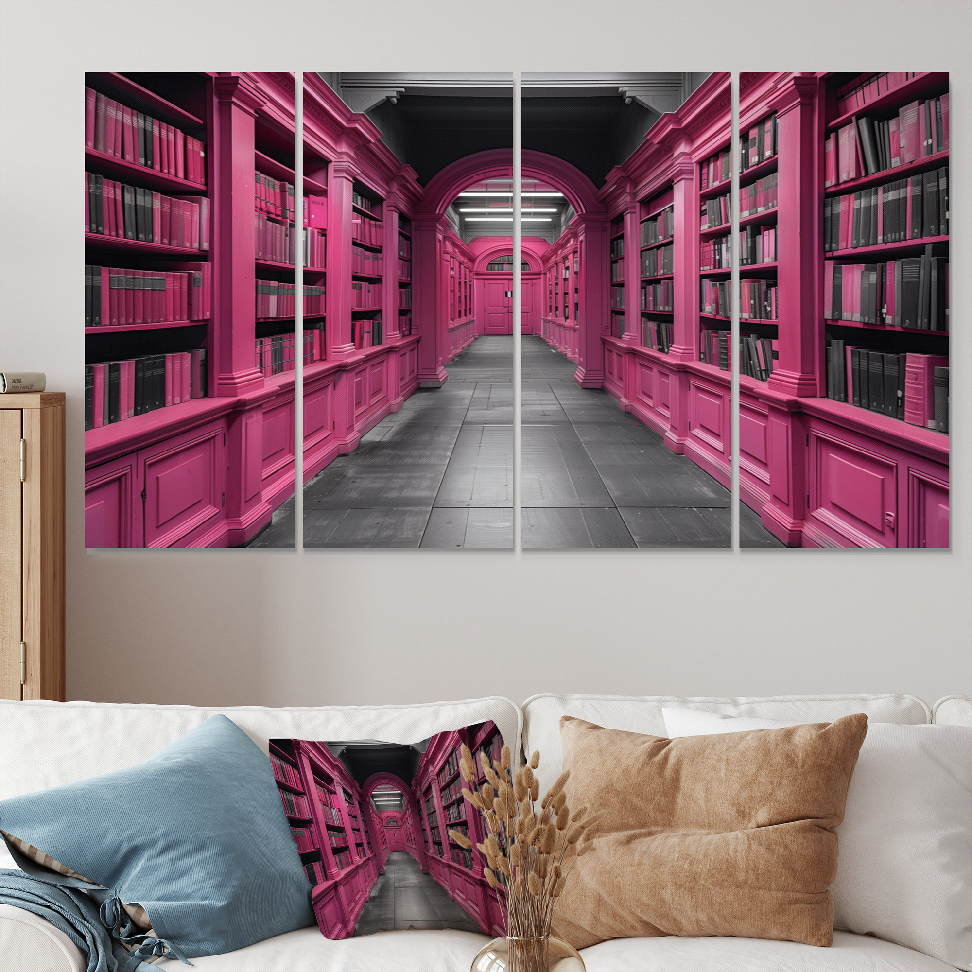 Design Art Pink Grey Library Bookshelf Perspective II - Libraries Wall ...