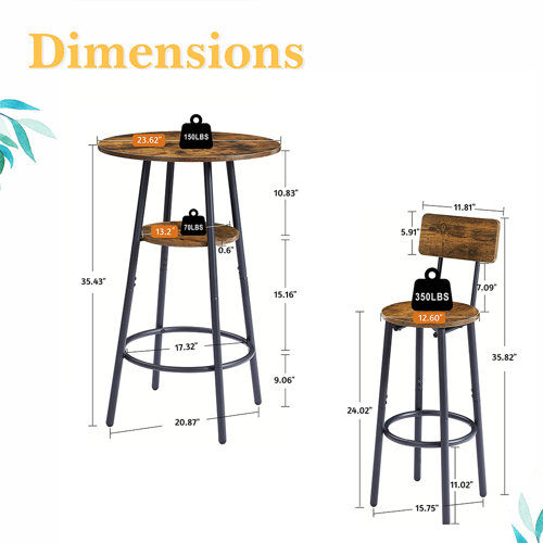 17 Stories Bistro Table and Chairs Set of 2, 3-Piece Bar Table and ...