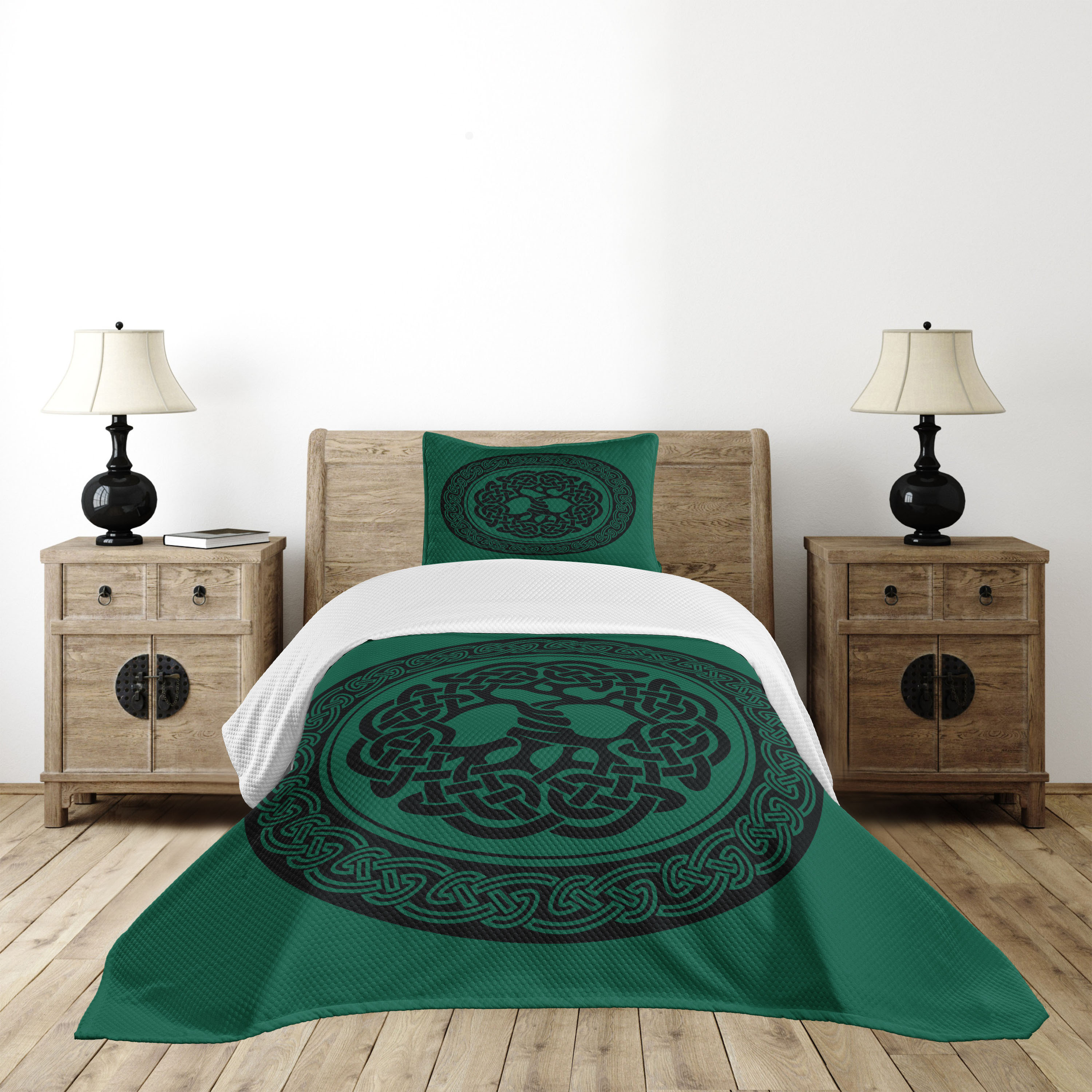 Ambesonne Celtic Bedspread Set Tree of Life Pattern Forest Green Black ...