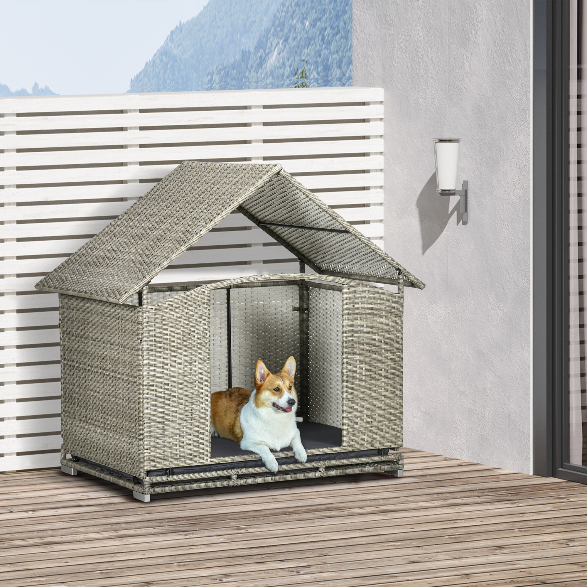 Pawhut Wicker Dog House Outdoor With Canopy, Fancy Dog Bed Rattan ...