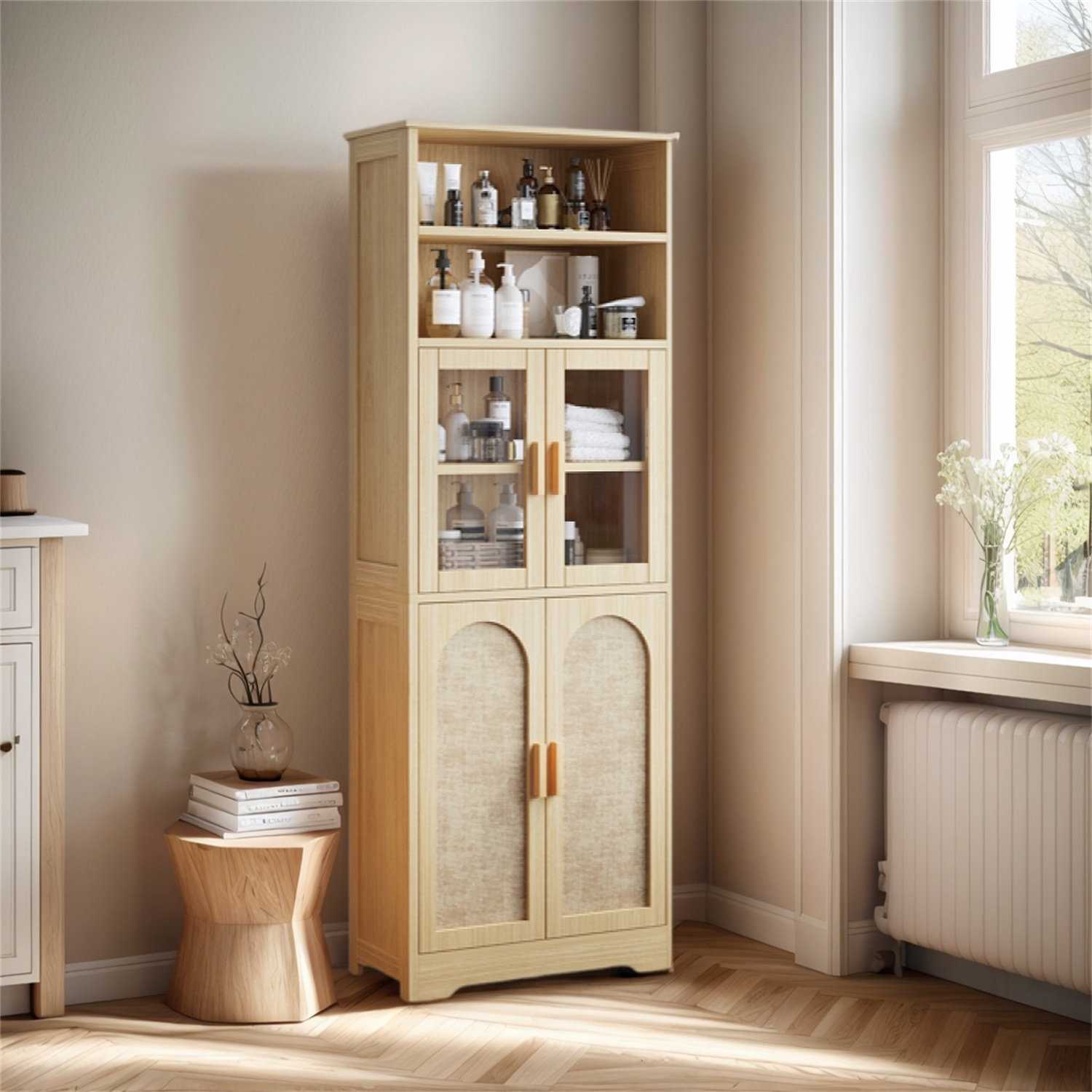 Rockpapa Furniture Rattan Surface Triamine Board Veneer Display Cabinet ...