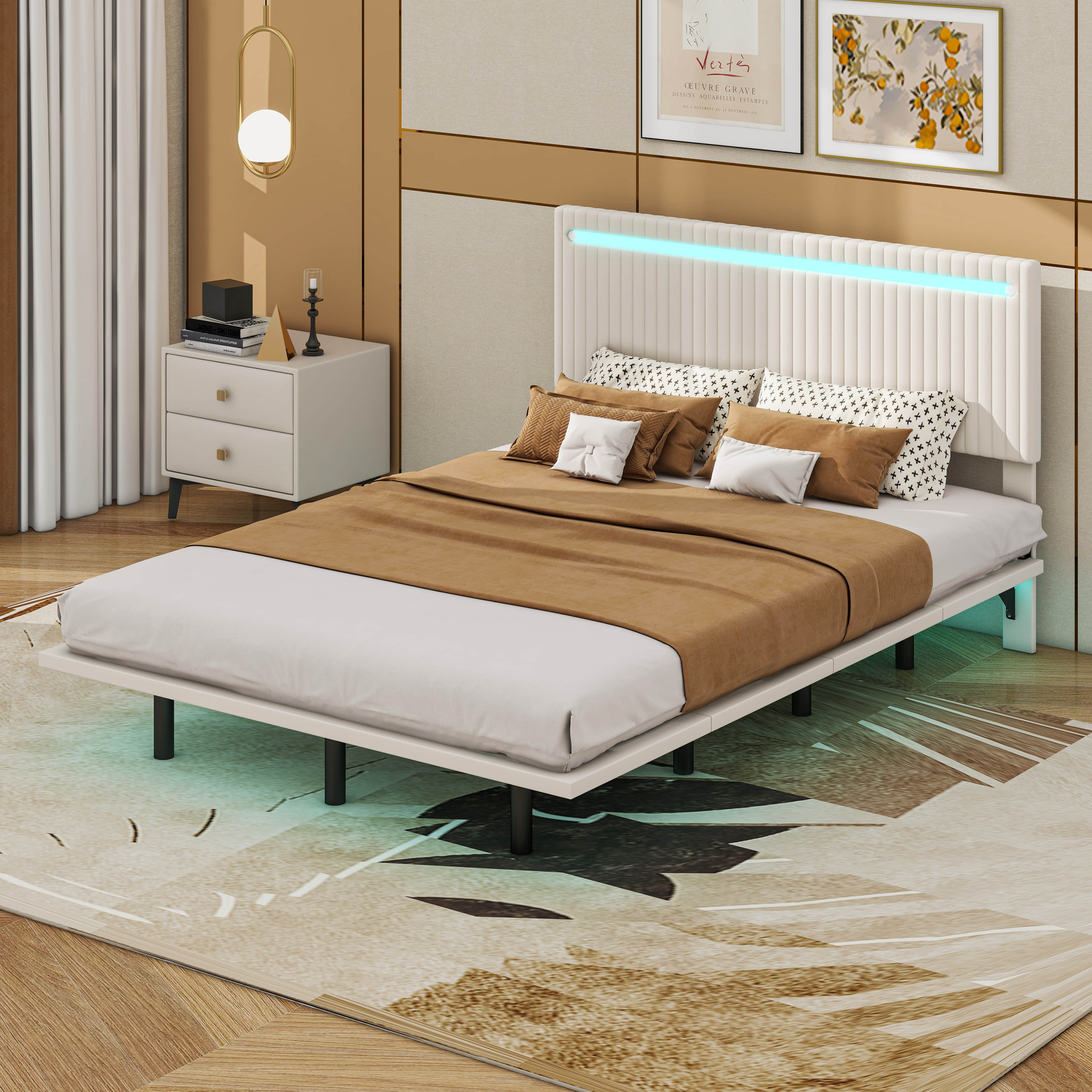 Cosmic LED Lights Floating Platform Bed With Height Adjustable ...