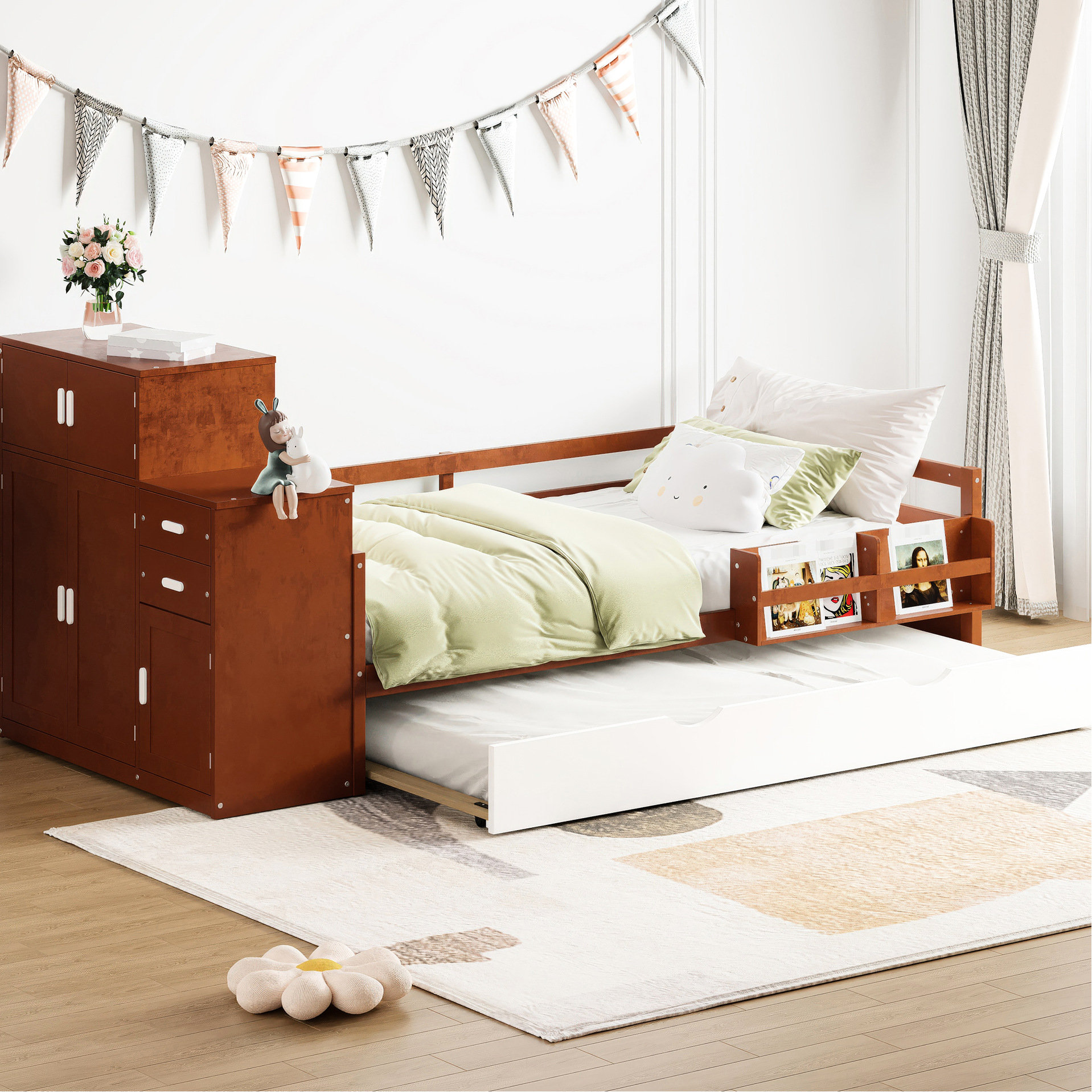 Latitude Run® Walnut Twin-Size Bed With Bookshelf, Pull-Out Trundle And ...