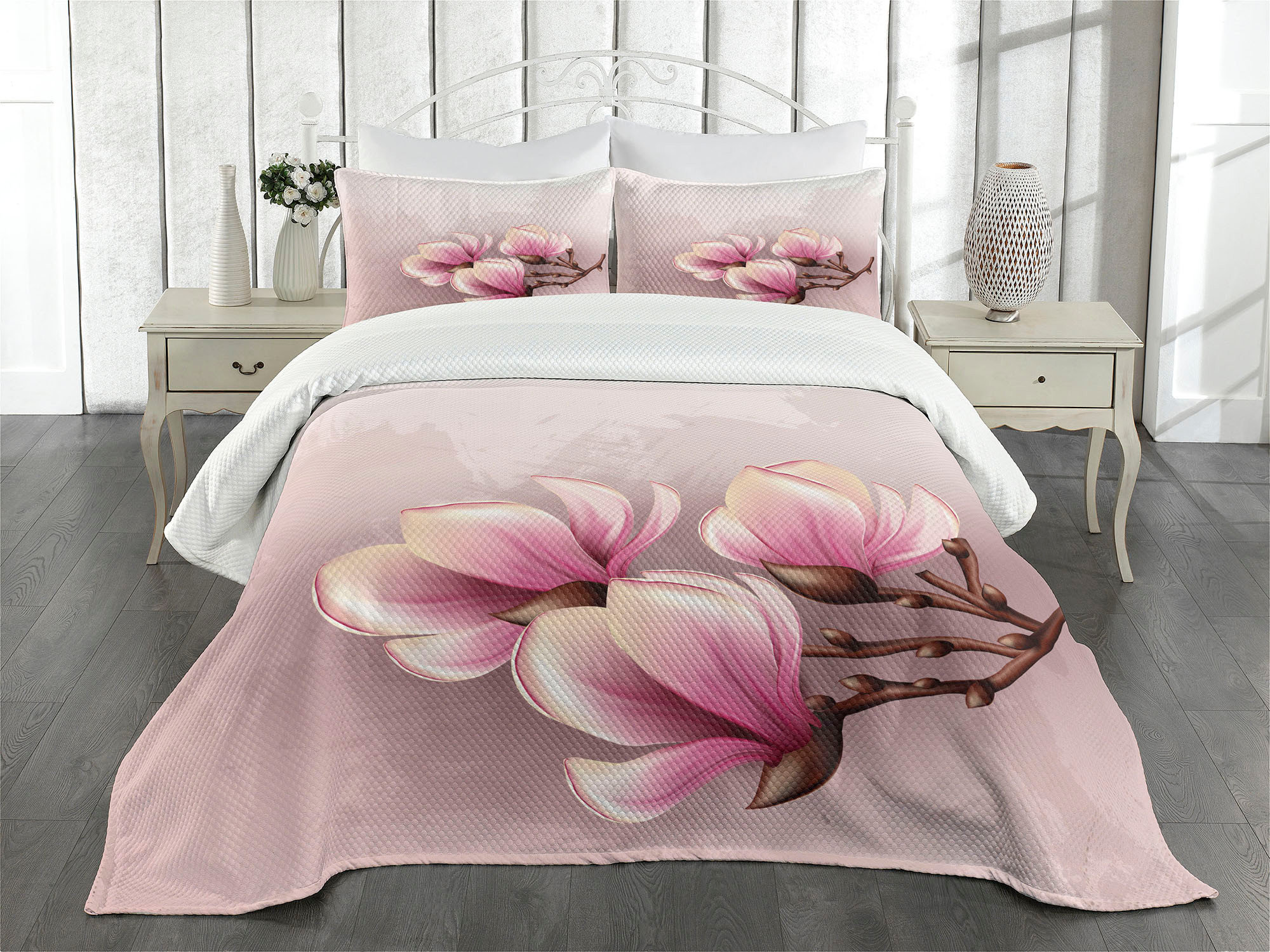 Ambesonne Magnolia Bedspread Set Fragile Flower Petals Pale Pink Brown ...