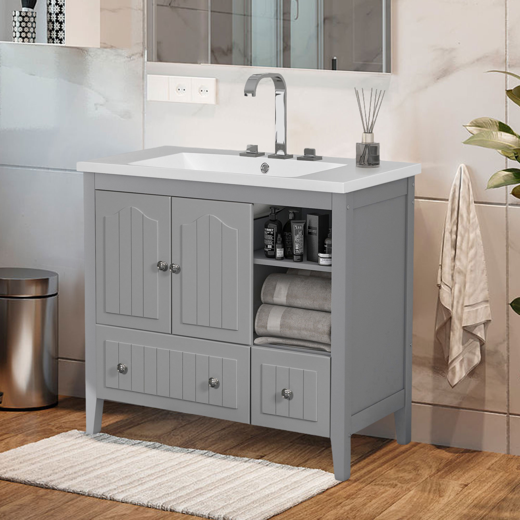 Magiccactus 36" Bathroom Vanity Base Only, Solid Wood Frame And MDF ...