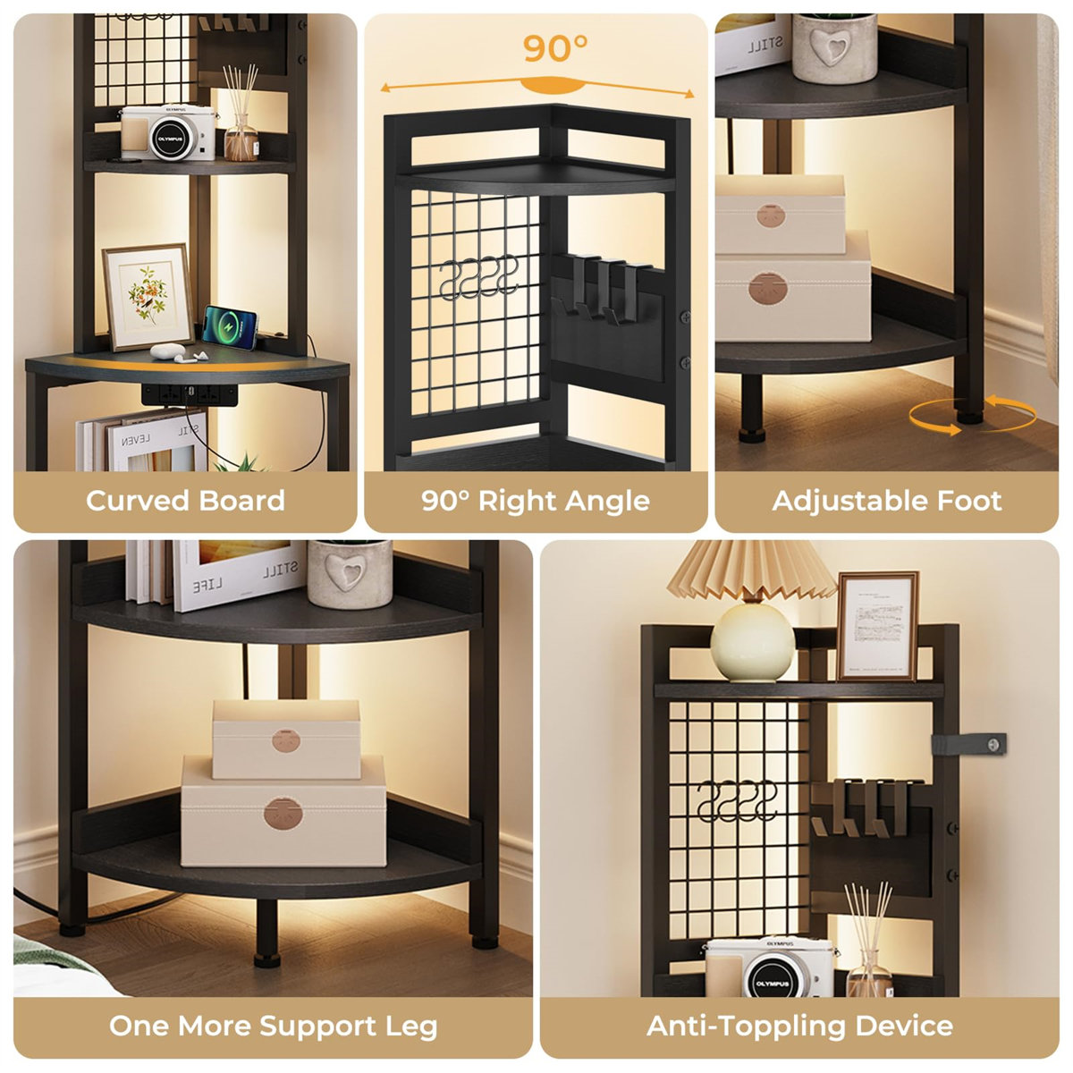 Brayden Studio Tall Corner Shelf With Power Socket And Light Strip, 5 ...