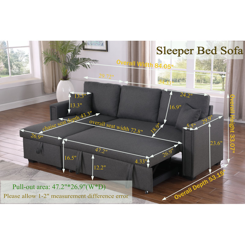 Ebern Designs Dishaan Convertible Sleeper Sofa with Reversible Chaise ...