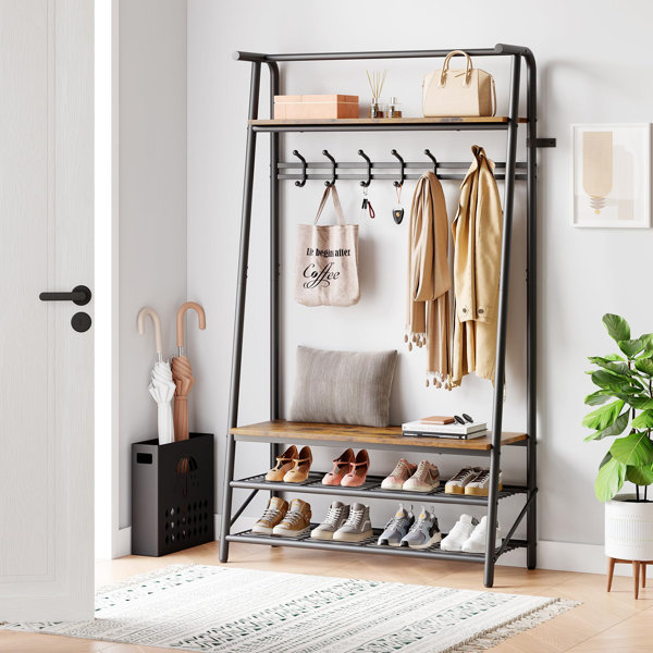 17 Stories Coat Rack Shoe Bench With 5 Hooks, Hall Trees Entryway Bench ...