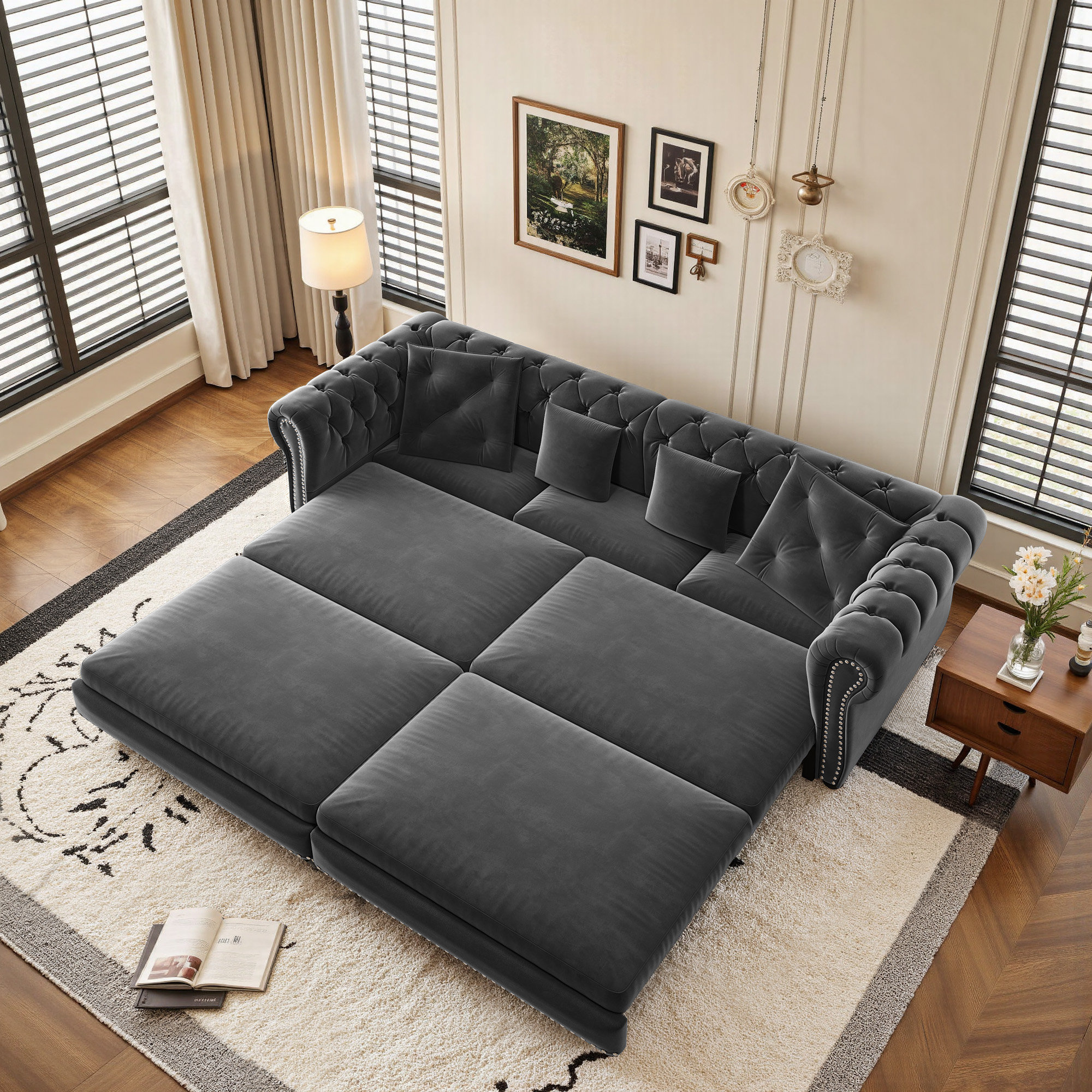 House of Hampton® King Size Pull-Out Sofa Bed with Ottoman, Velvet Convertible Sectional Sleeper ...