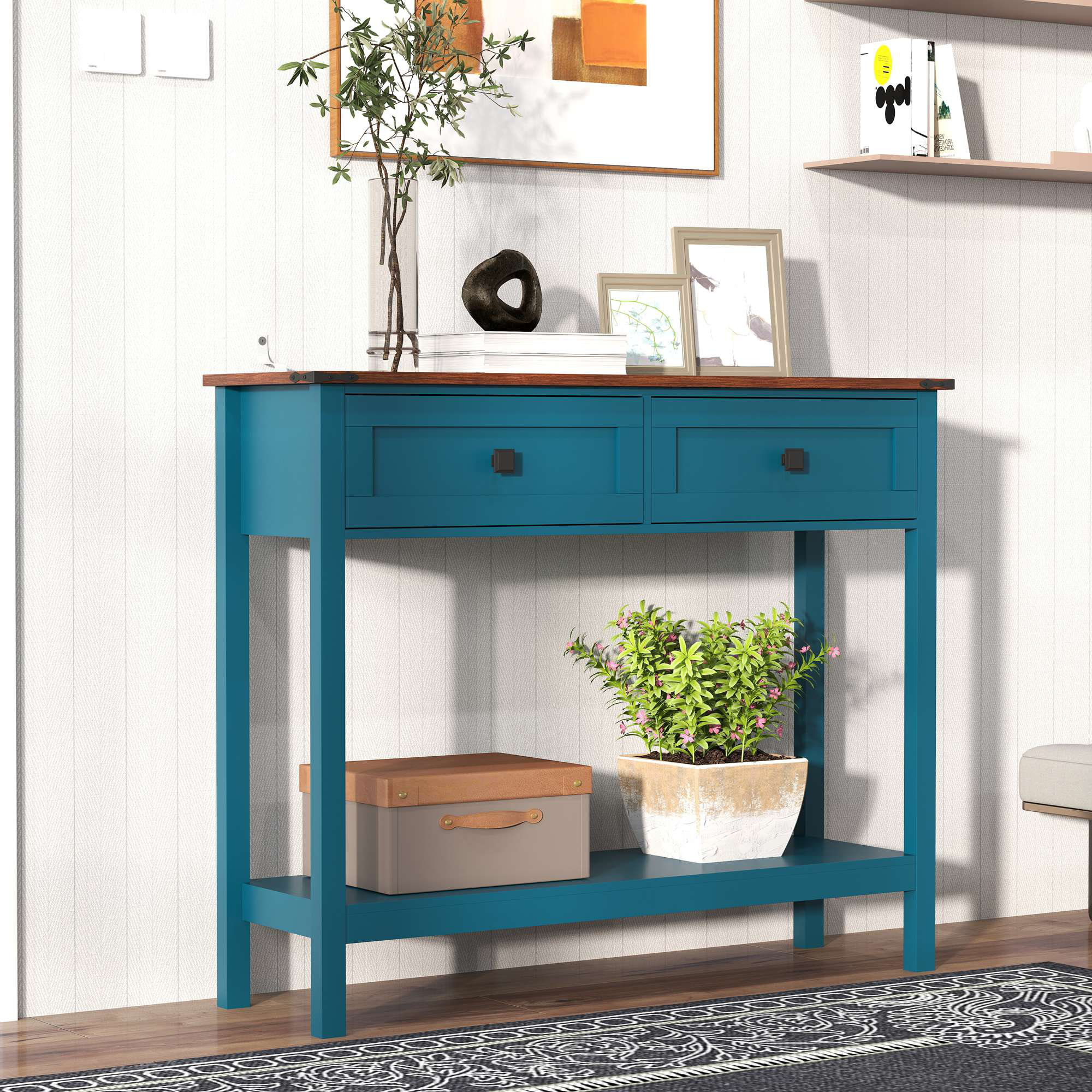 Gracie Oaks Farmhouse Style Console Table with 2 Drawer and Bottom ...