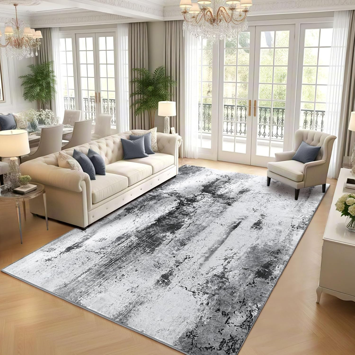 17 Stories Washable Abstract Area Rug, 5X7 Grey Modern Rug, Non-Slip ...