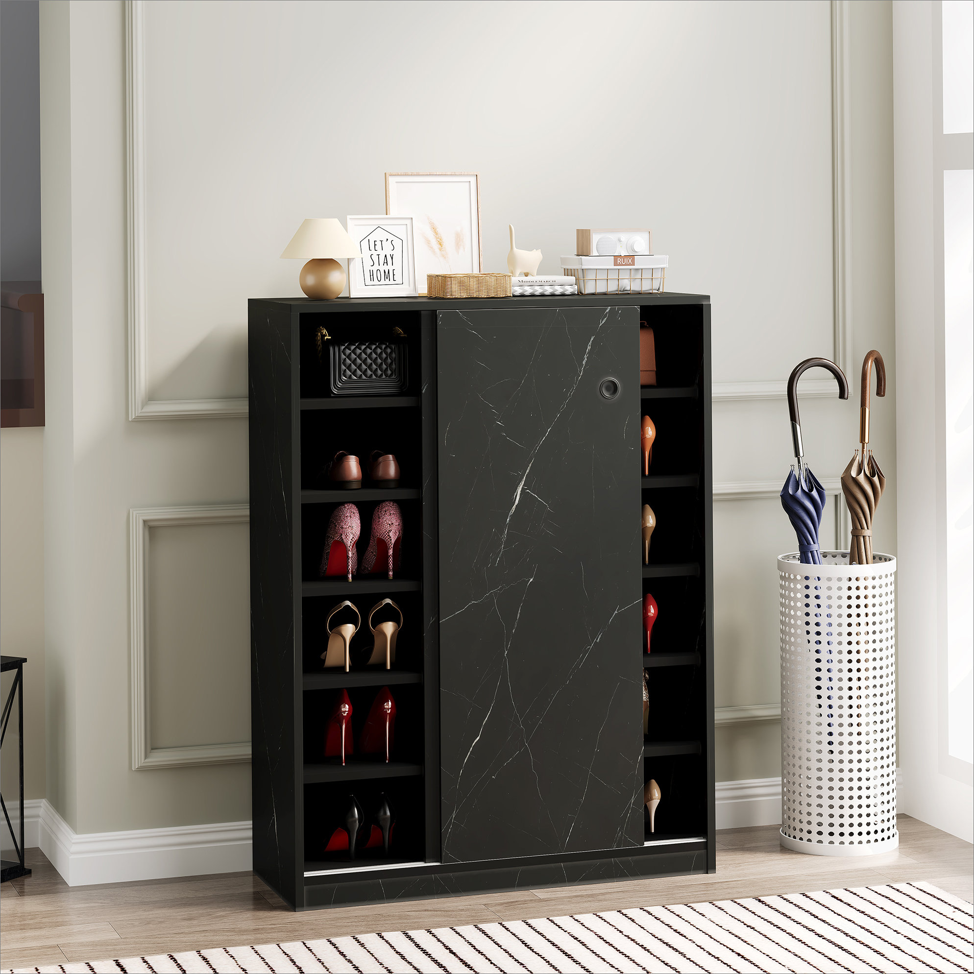 Wrought Studio™ Marble Black Shoe Cabient With Sliding Door Have 6 ...