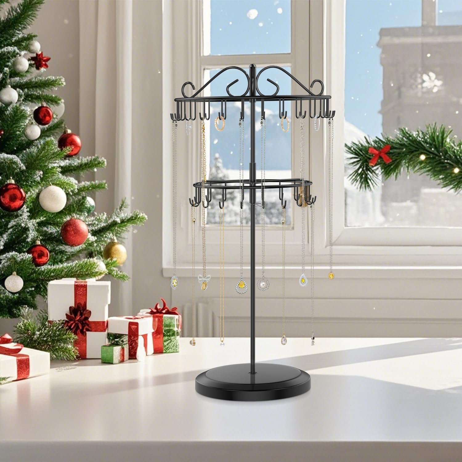 Ivy Bronx Black 2-Tier Rotating Necklace Organizer Tree - 42 Hooks ...