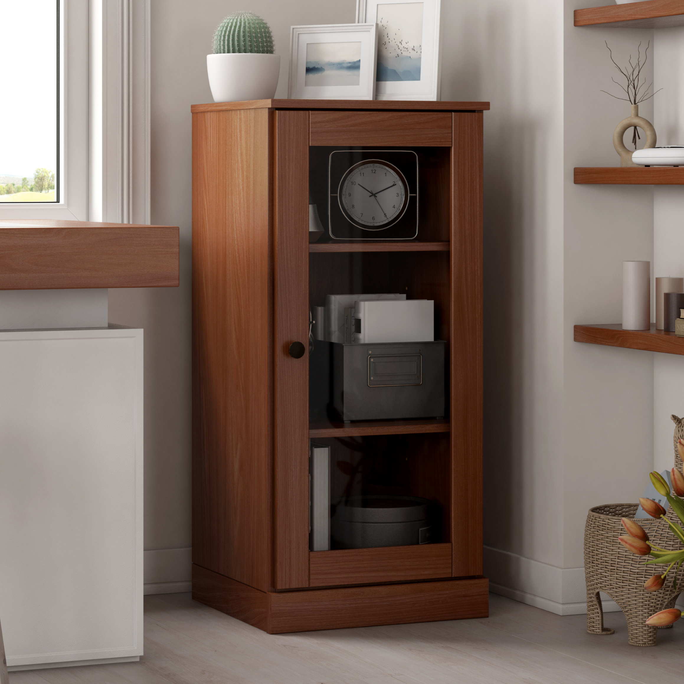 Latitude Run® 100% Solid Wood 3-Shelf Bookcase with Clear Glass Door ...