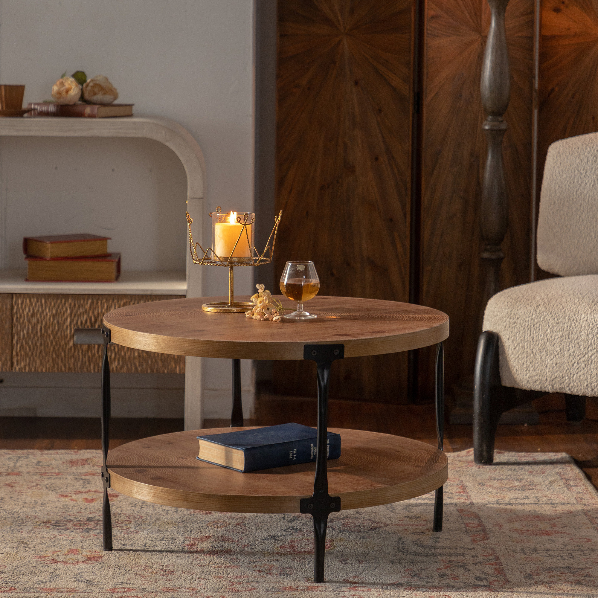 17 Stories Modern Round Two-Tier Coffee Table with Handcrafted Relief ...