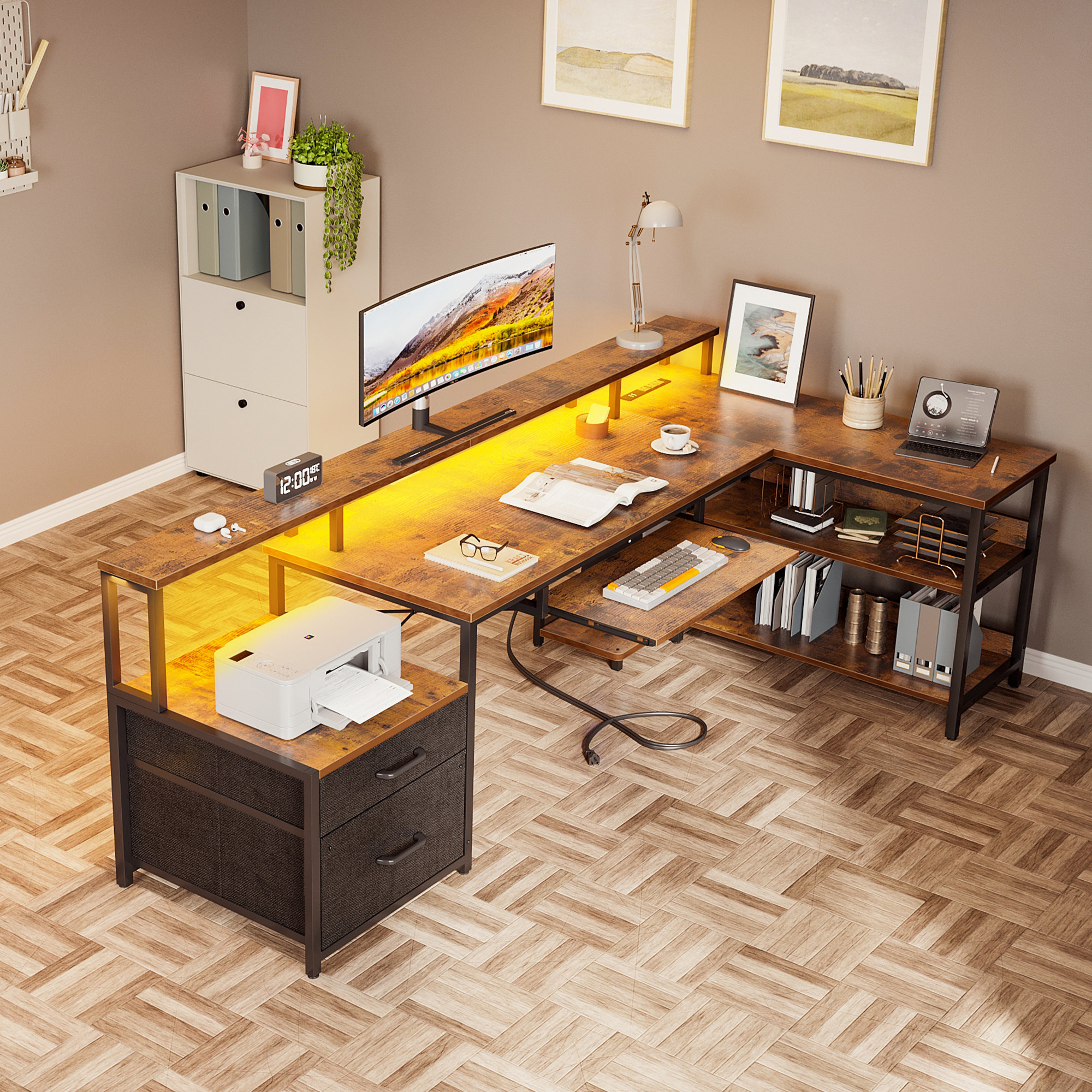 17 Stories Sholpan 67.8'' W LED L-Shaped Desk with Cabinet with Power ...