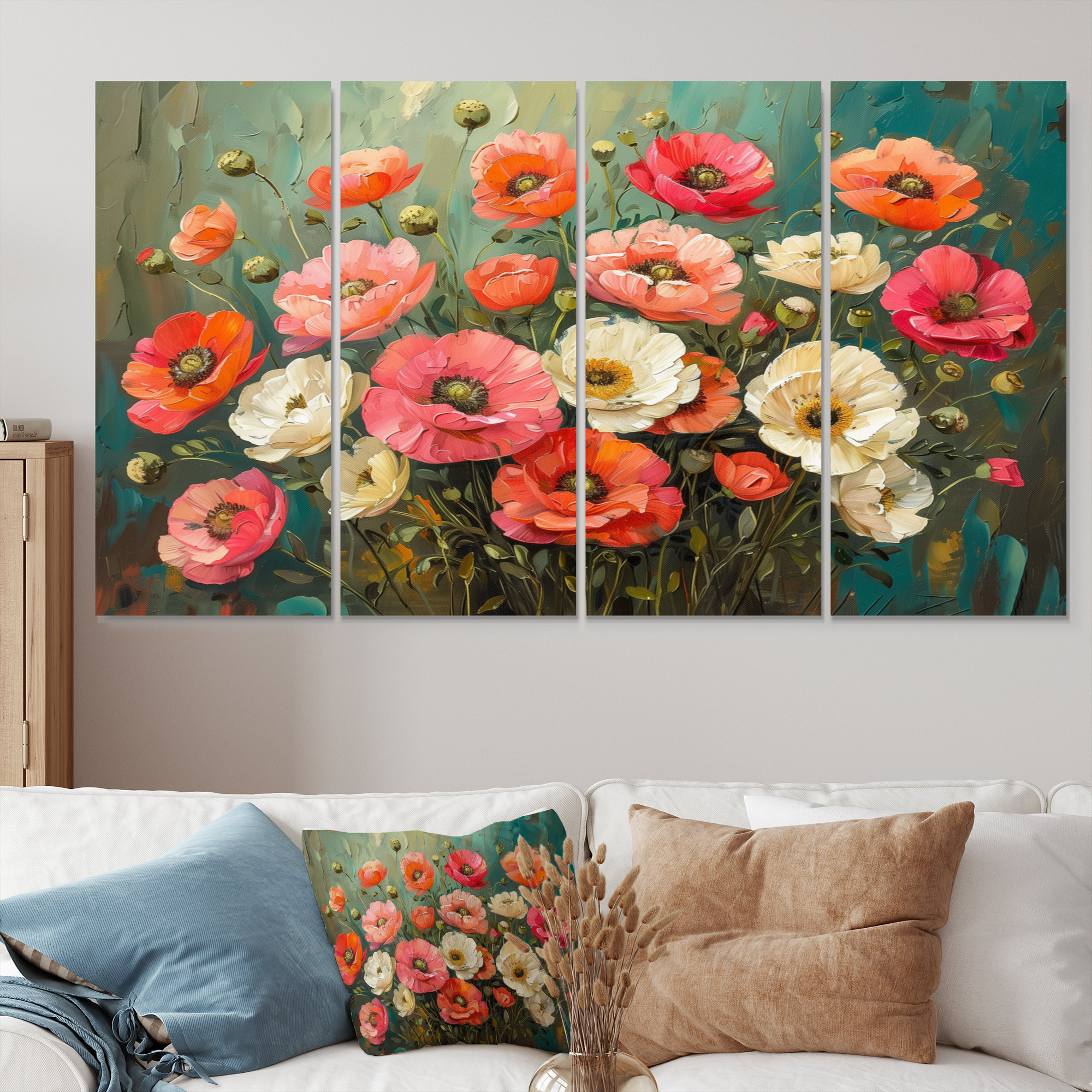 Design Art Pink White Poppies Radiant Bouquet - Poppies Wall Art Living ...