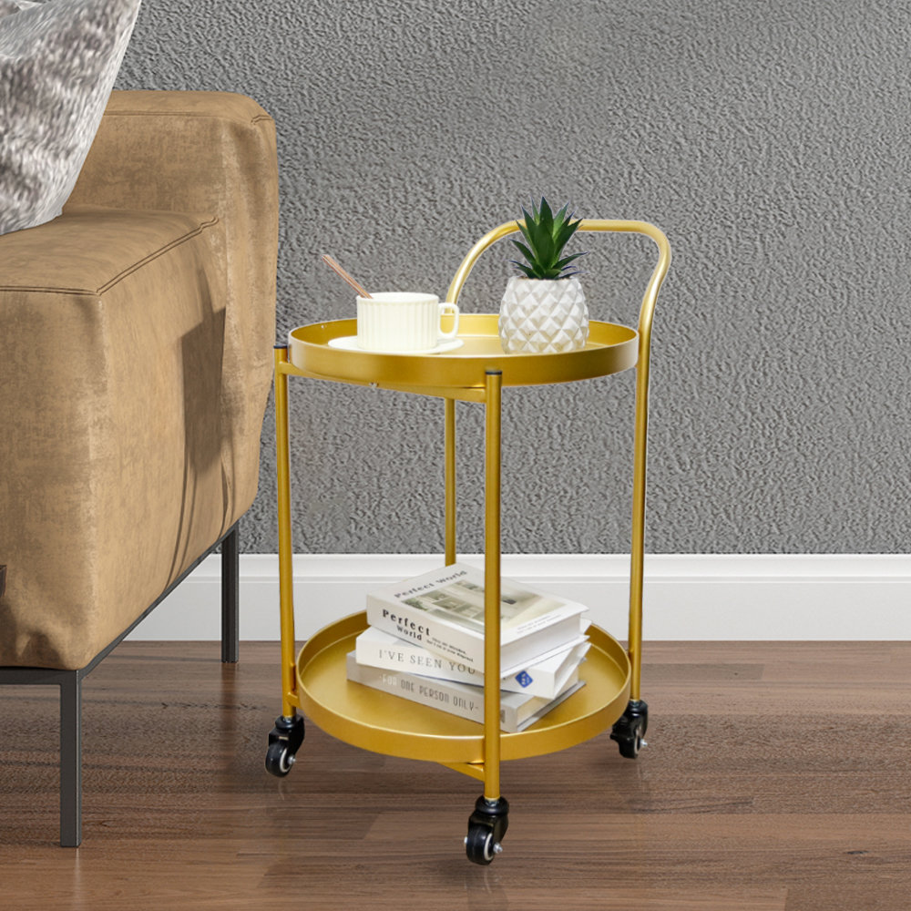 Mercer41 24.5" H Round Gold 2-Tier Rolling Bar Cart with Wheels | Wayfair