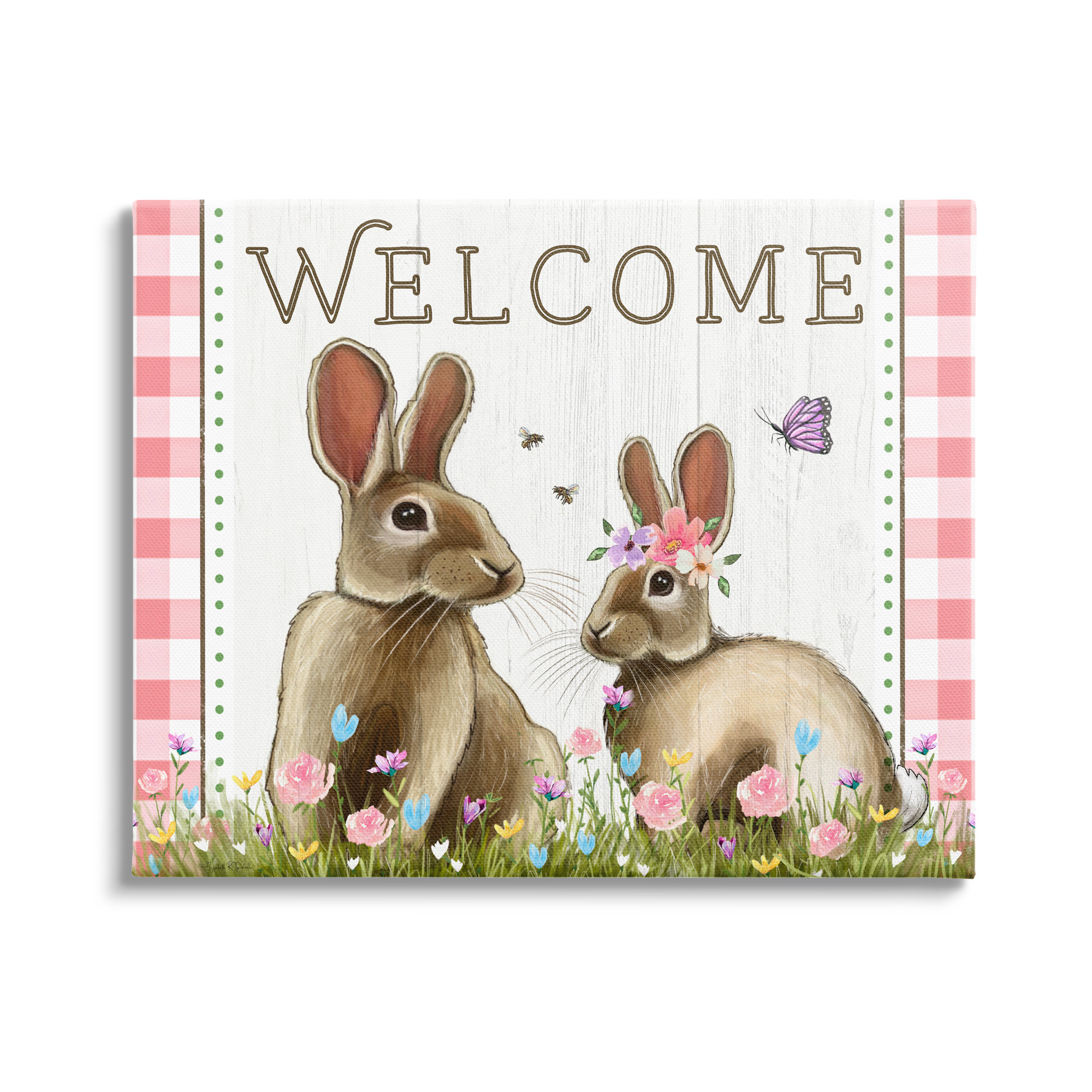 Stupell Industries Welcome Plaid Spring Garden Rabbits - Wrapped Canvas ...