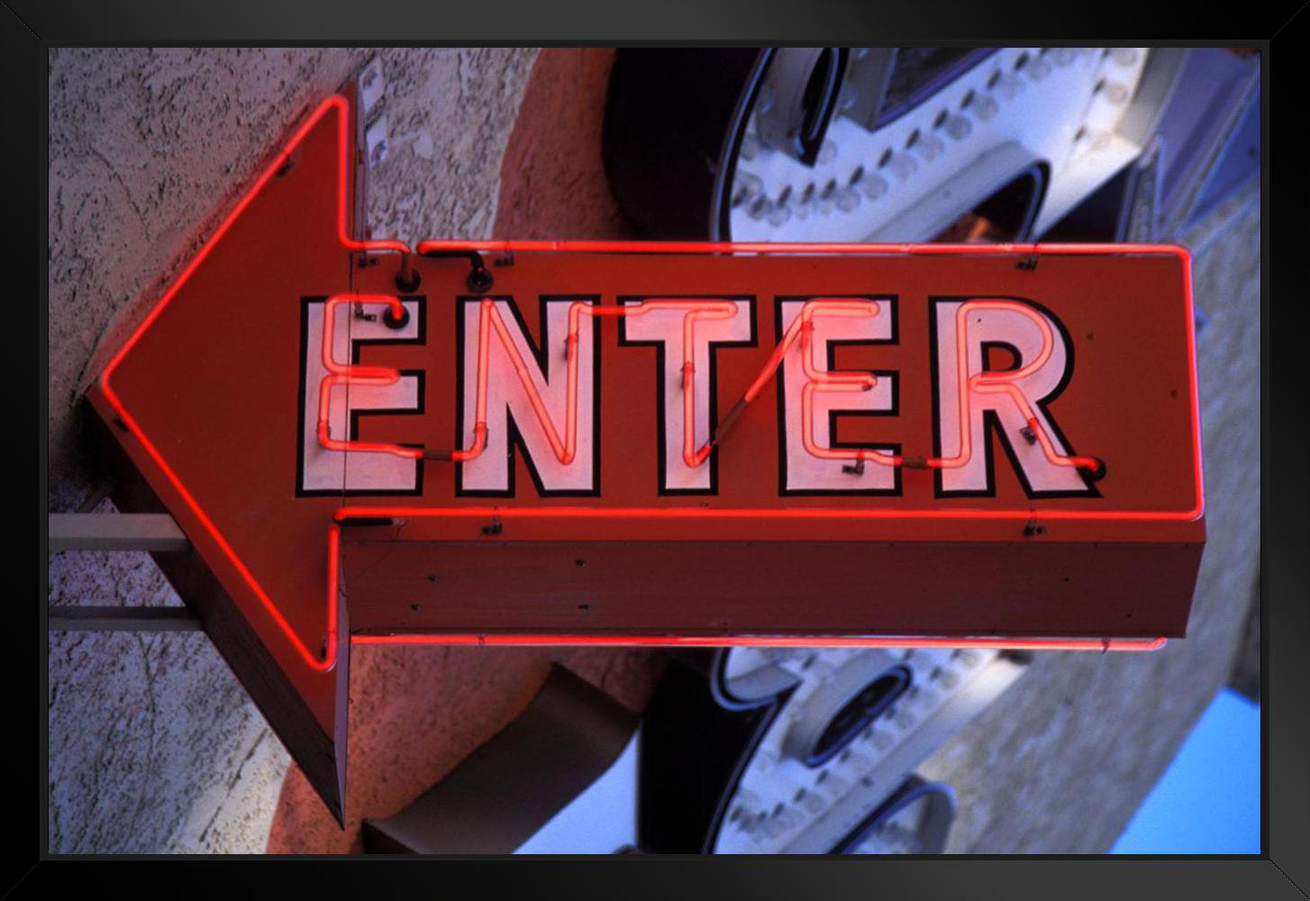 Latitude Run® Red Neon Enter Arrow Sign Building Photo Black Wood ...