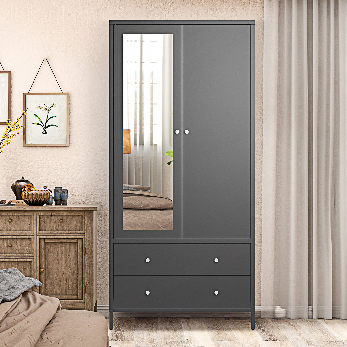 Latitude Run® Accent Cabinet, Metal Armoire Wardrobe Closet With 2 ...