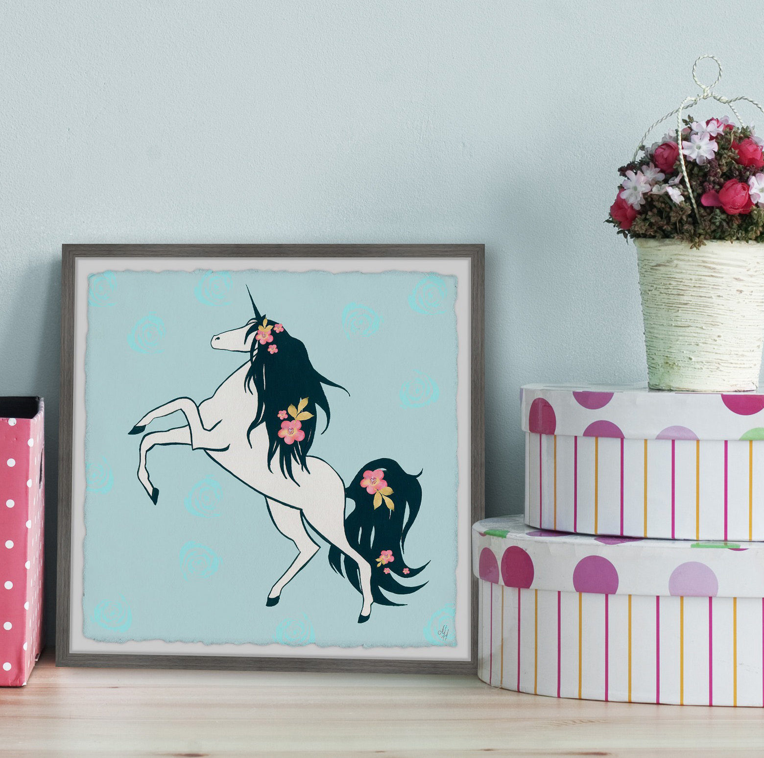 Isabelle & Max™ Skylark Dark Floral Hair Unicorn Framed Print | Wayfair