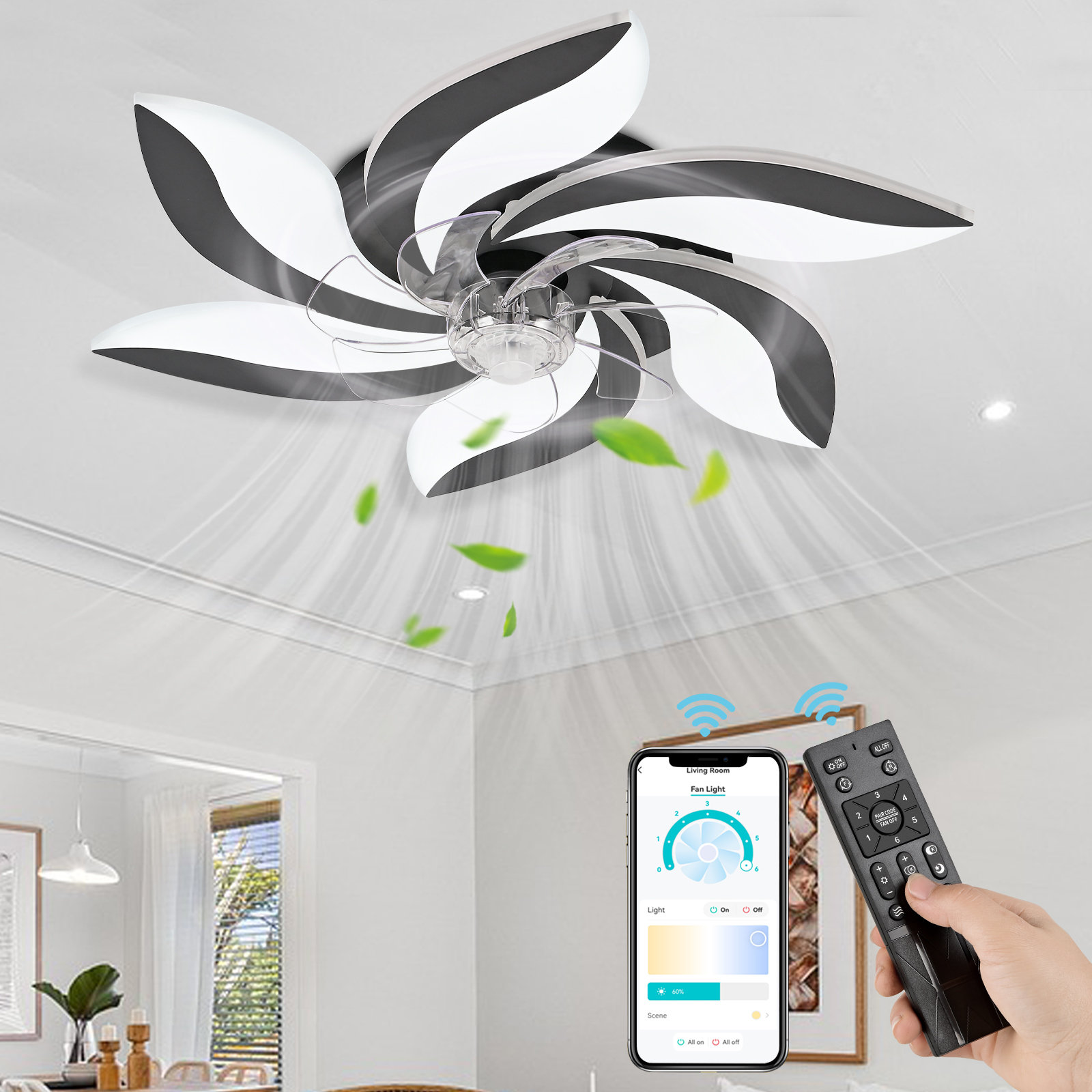 Ivy Bronx Flush Mount Modern Ceiling Fan with Dimmable LED Light Kit ...