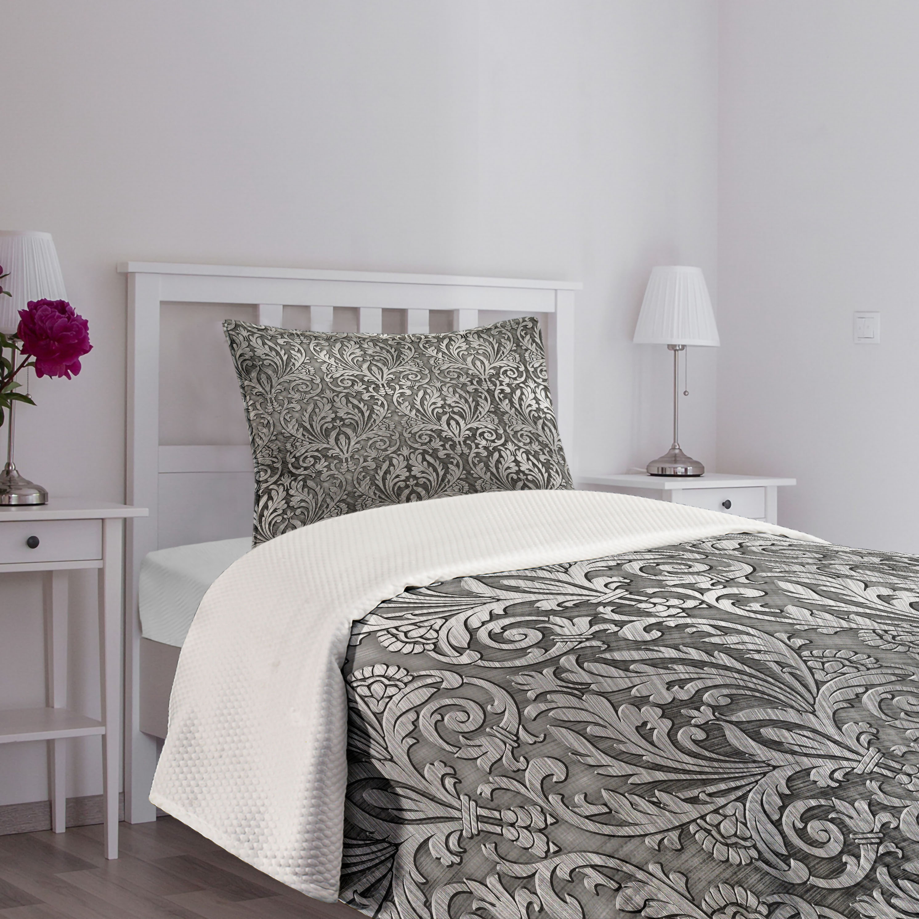 Ambesonne Grey Bedspread Set Classic Floral Ornament Grey Black | Wayfair