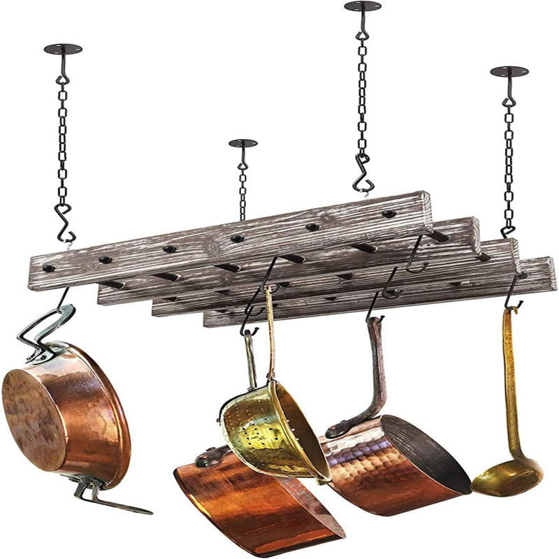 Gracie Oaks Ceiling Mounted Wooden Hanging Pot Rack & Reviews | Wayfair