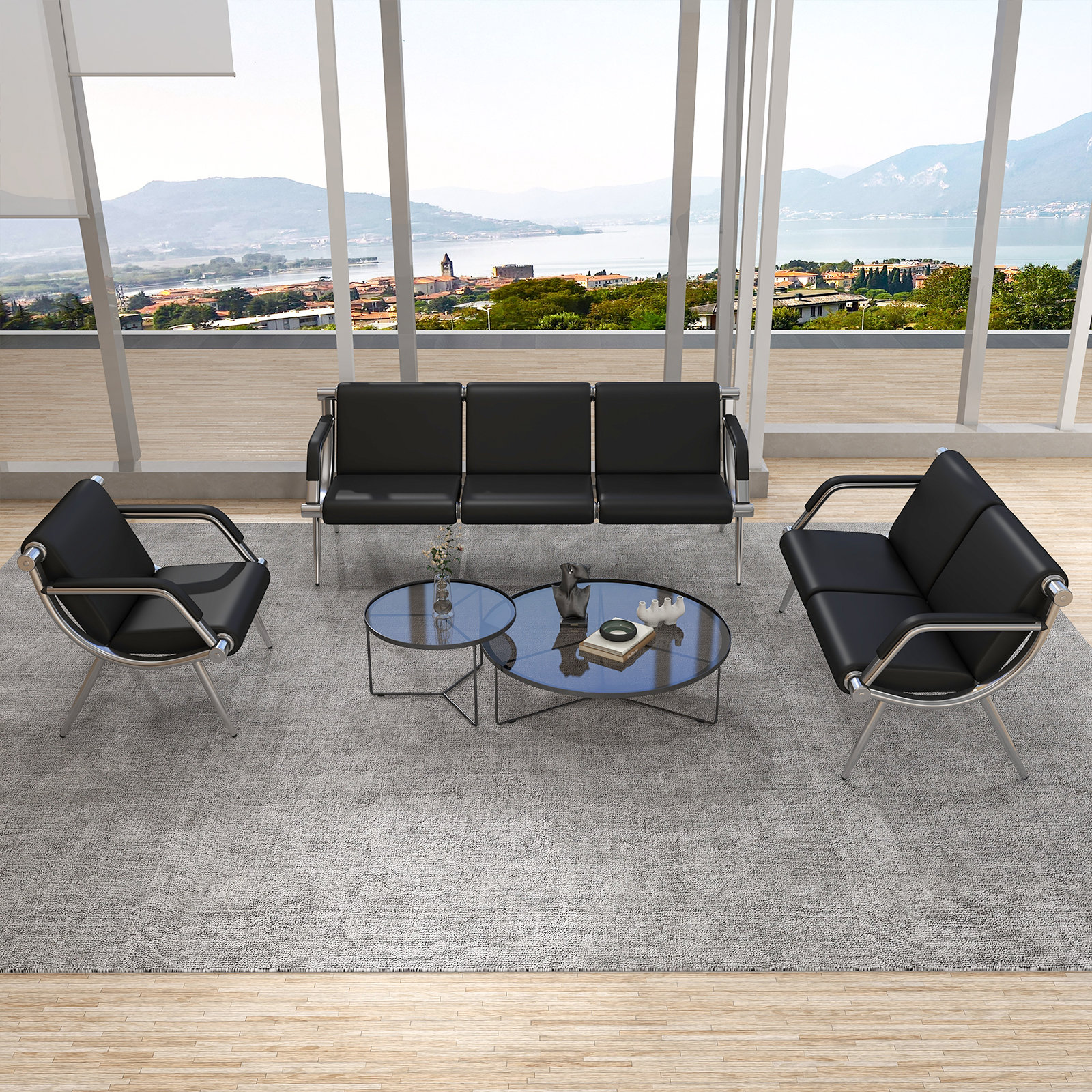 Kinbor 3-Pieces Leather Seat Tandem Seating Set With Metal Frame ...