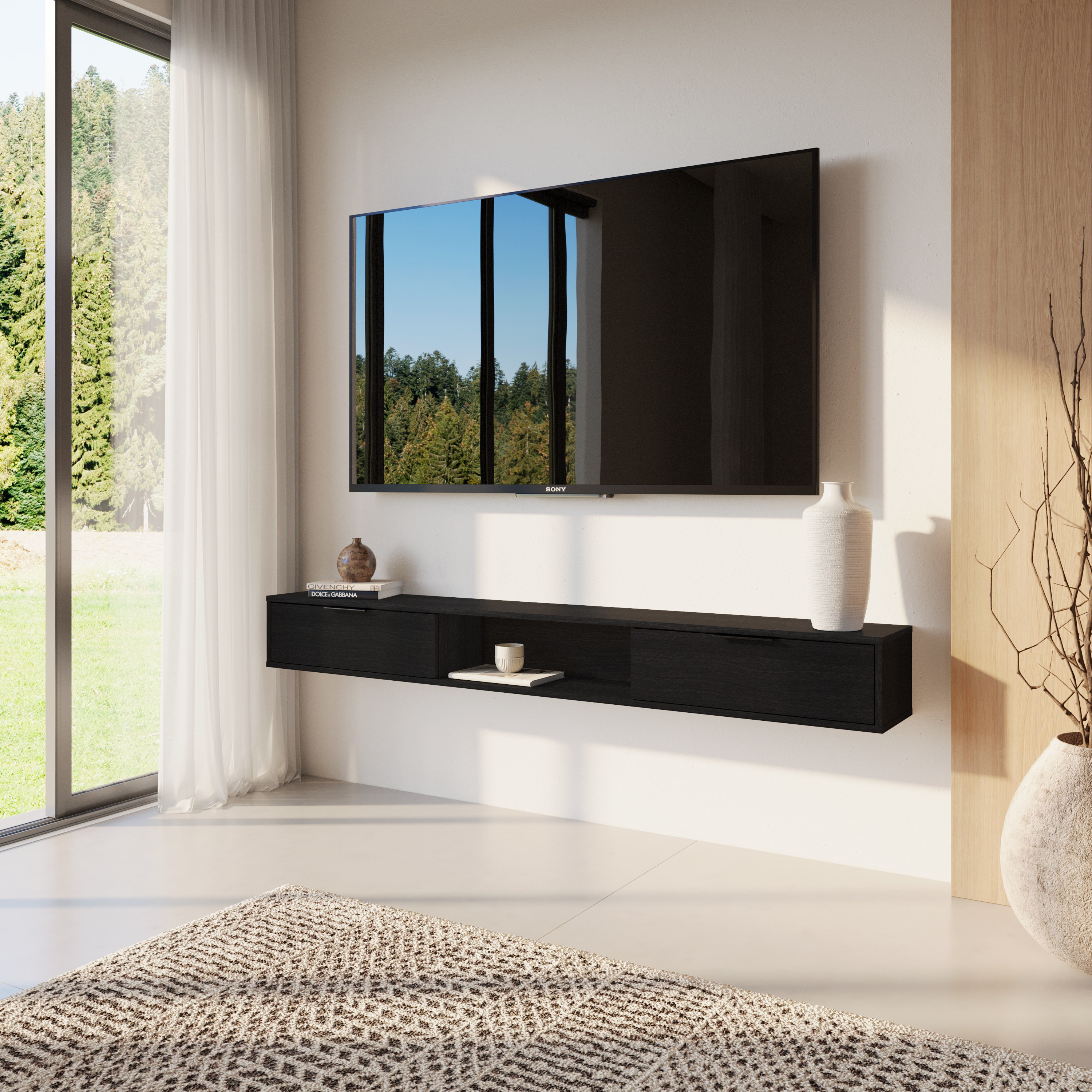 George Oliver Slim 72” Wall-Mounted TV Stand With 2 Storage Cabinets ...