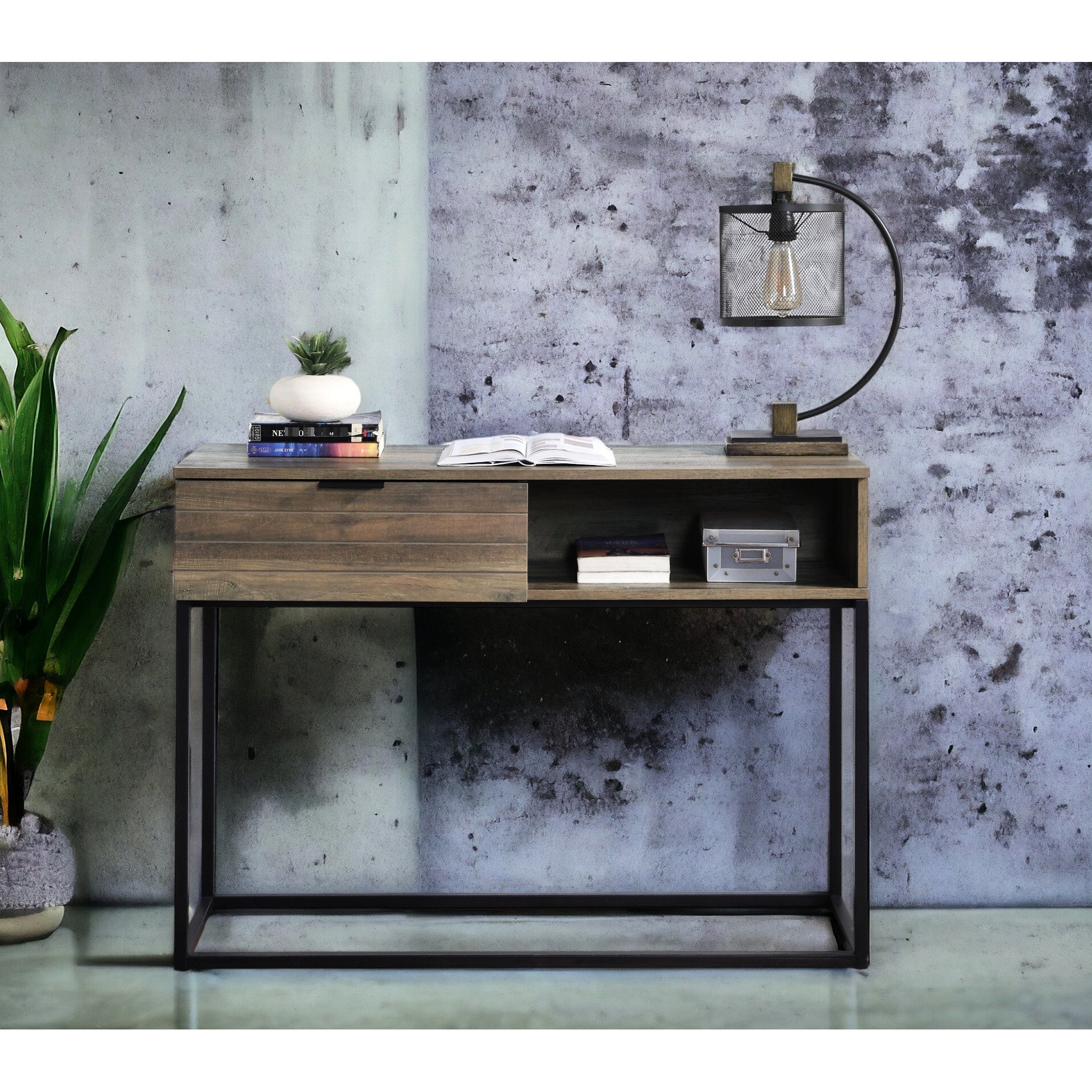 17 Stories Rustic Oak And Black Gaming Desk With Shelf - , Functional ...