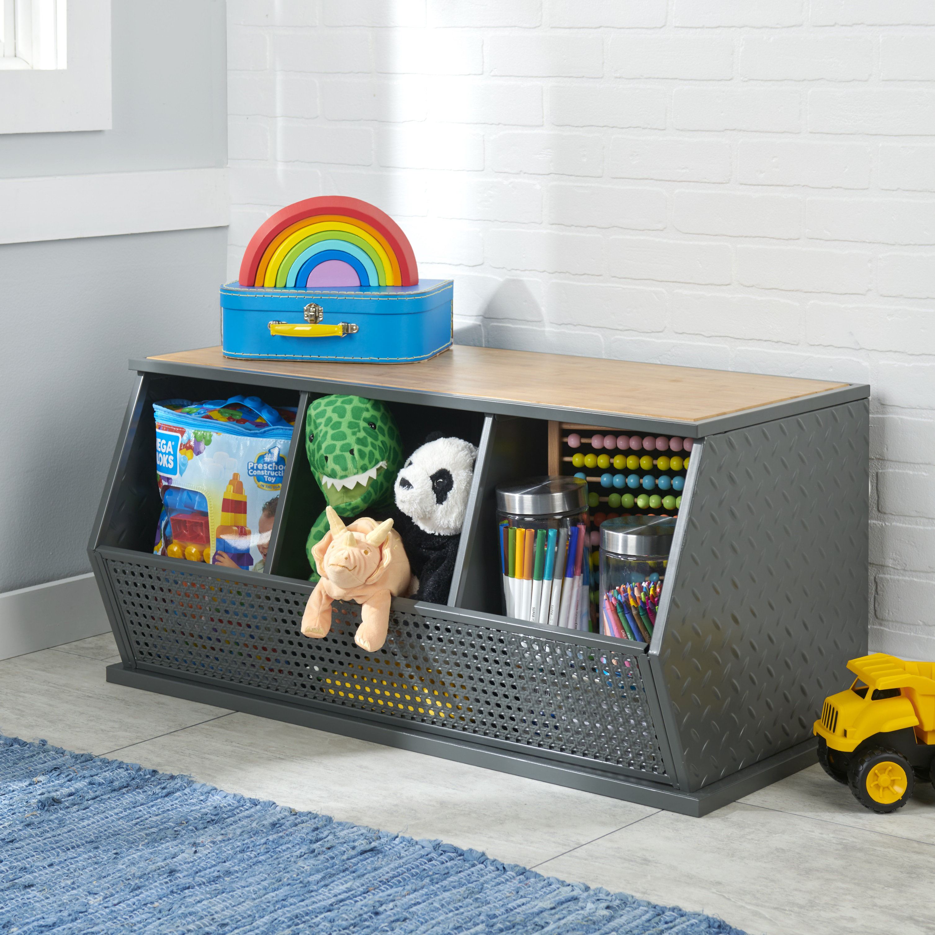 Latitude Run® Metal And Bamboo Three Bin Stackable Storage Cubby ...