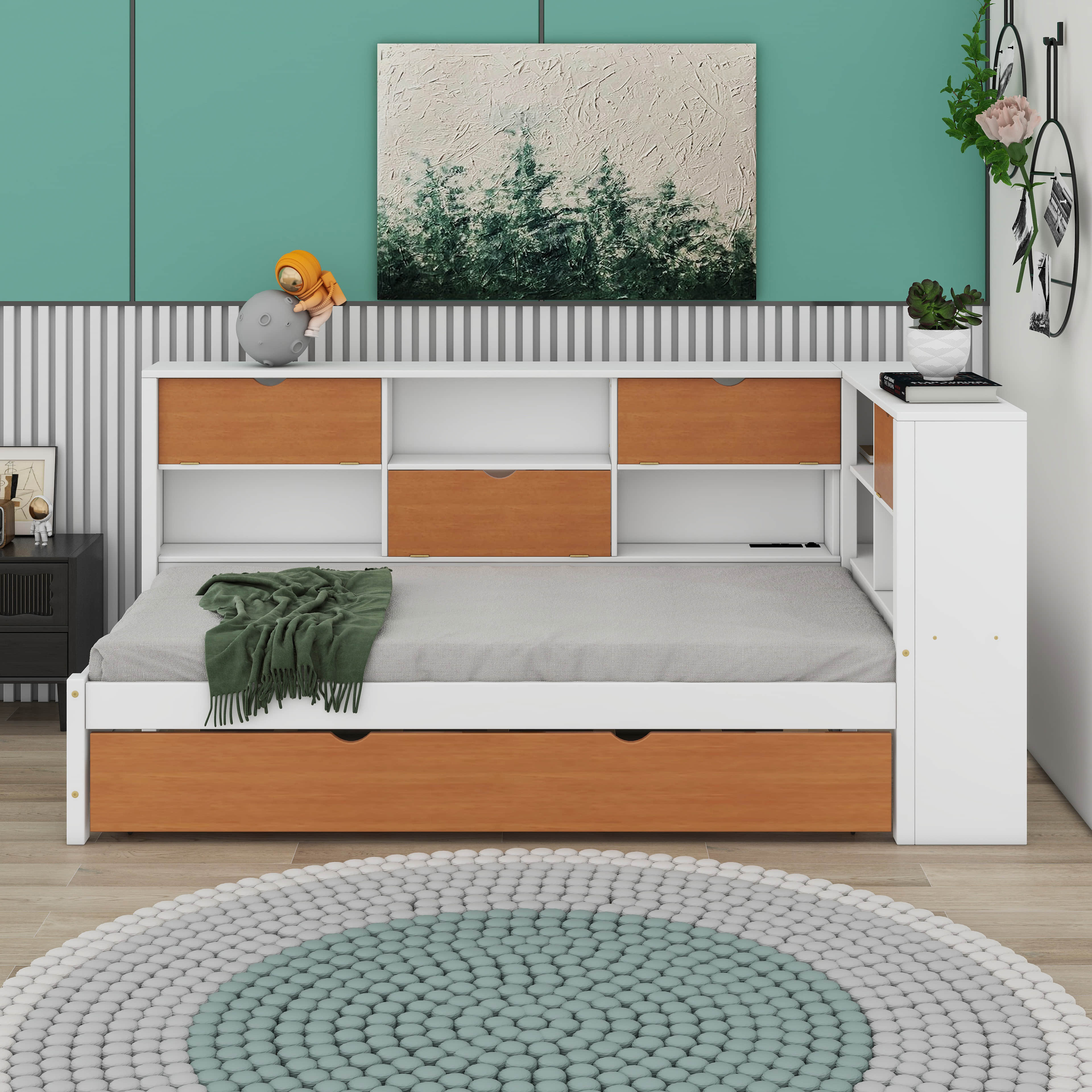 Lark Manor™ Corner Bed Wooden Captain L-Shaped Bed With Led Downlight ...