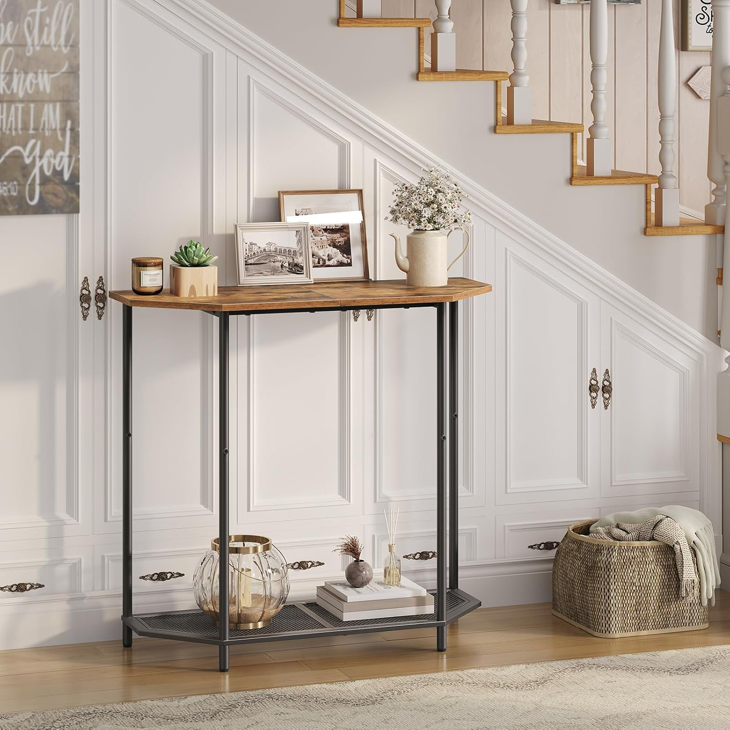 17 Stories Small Entryway Table 2 Tier Half Moon Table With Metal Frame ...