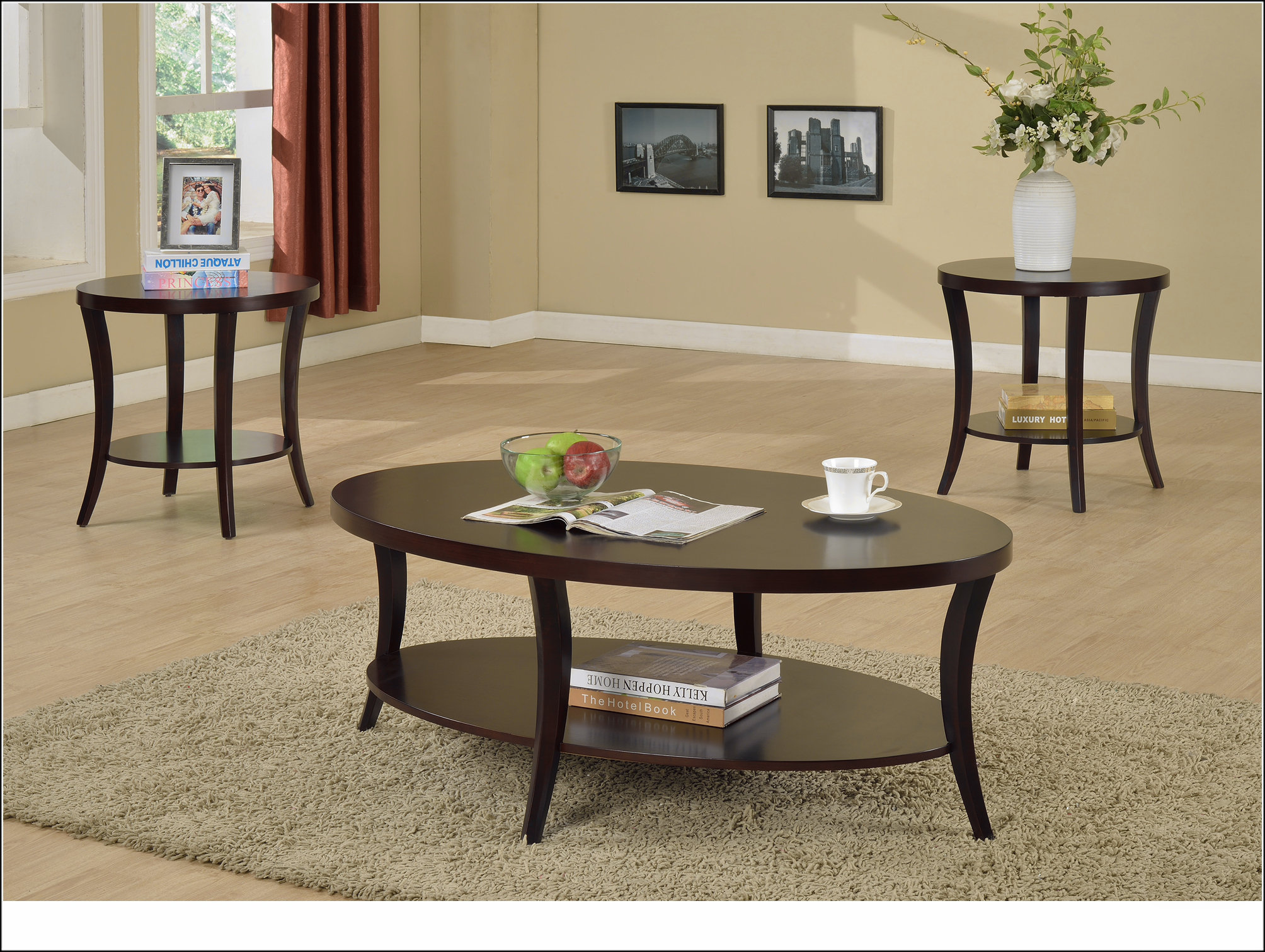 Winston Porter Perth 3-Piece Espresso Oval Coffee Table with End Tables ...