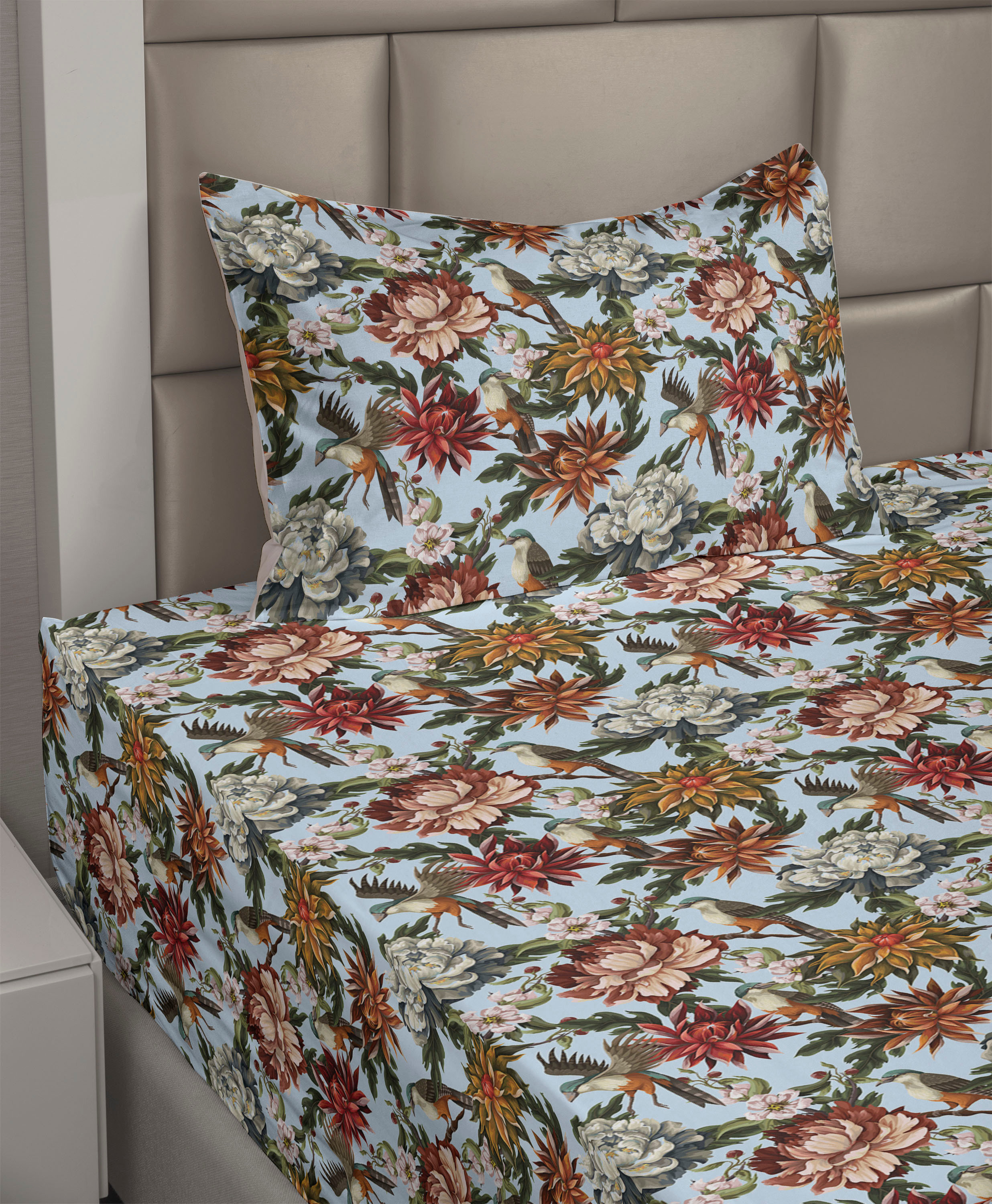 Ambesonne Botanical Sheet Set Bird Print Spring Flowers Soft Blue and ...