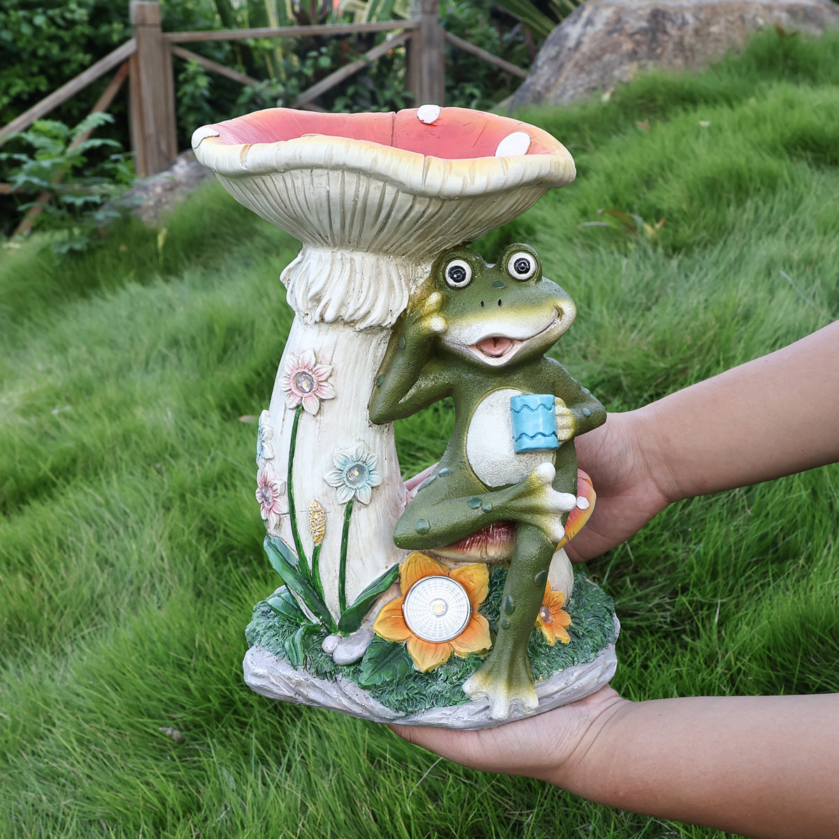 Trinx Solar Garden Statue Bird Feeder - Frog Holding Cup Mushroom Bowl ...