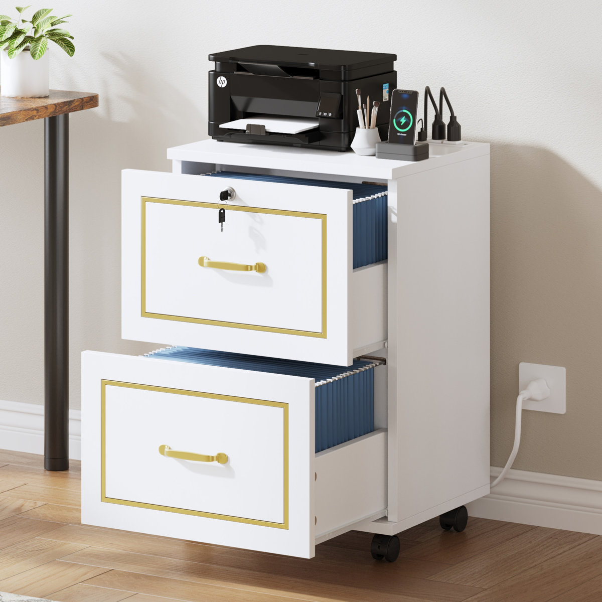 Inbox Zero 19'' Wide 2 -Drawer Mobile File Cabinet With Charging ...