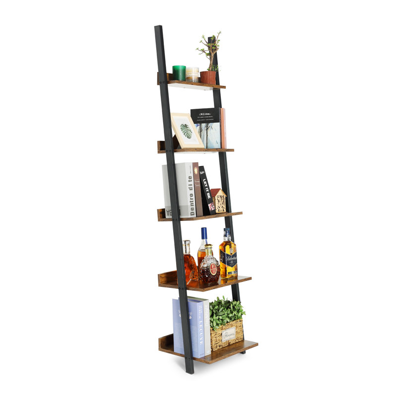 17 Stories 5 Tier Ladder Shelf-Wood & Metal Bookcase,Wall Mount ...