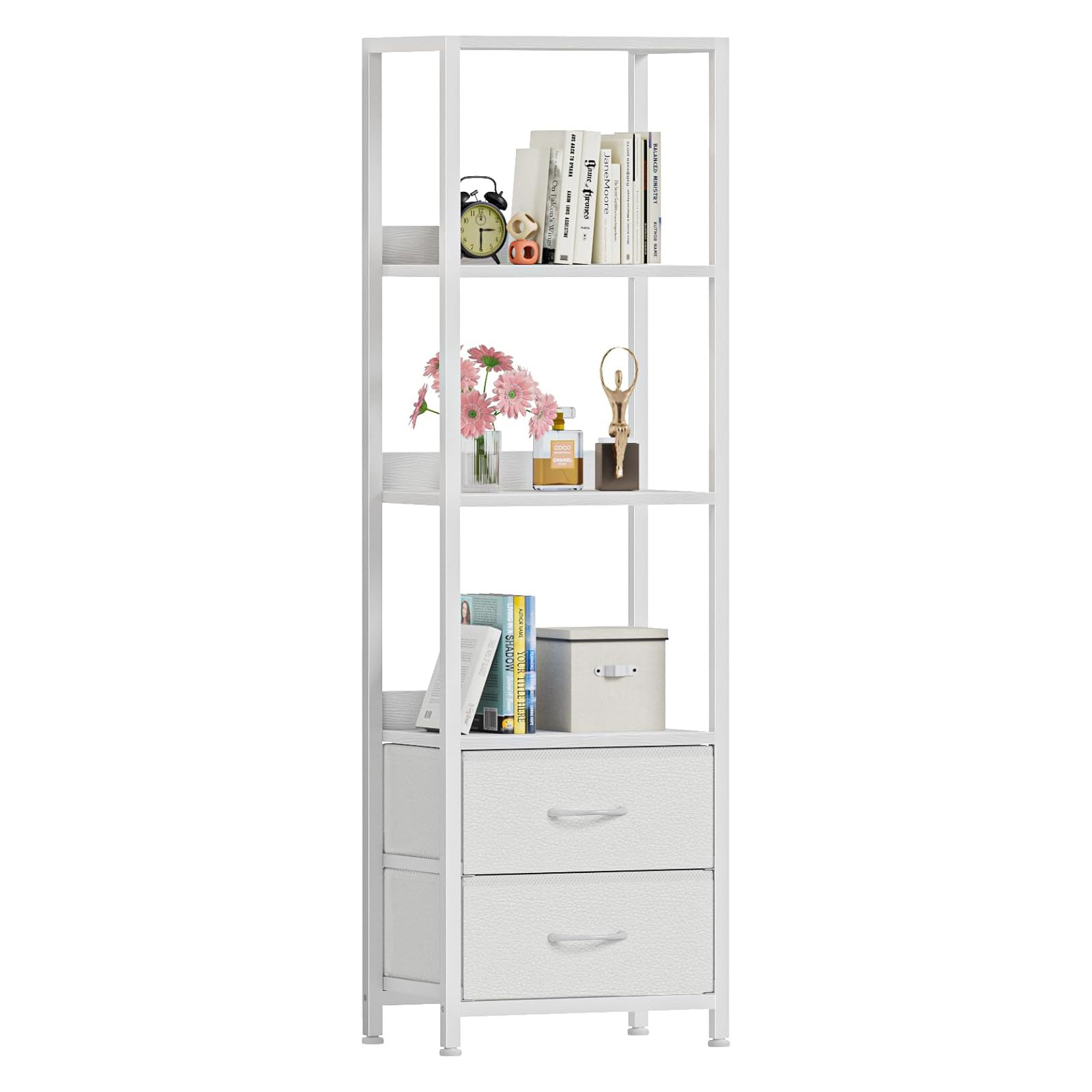 Orren Ellis 4-Tier Corner Shelf, Bookshelf With 2 Storage Drawers | Wayfair