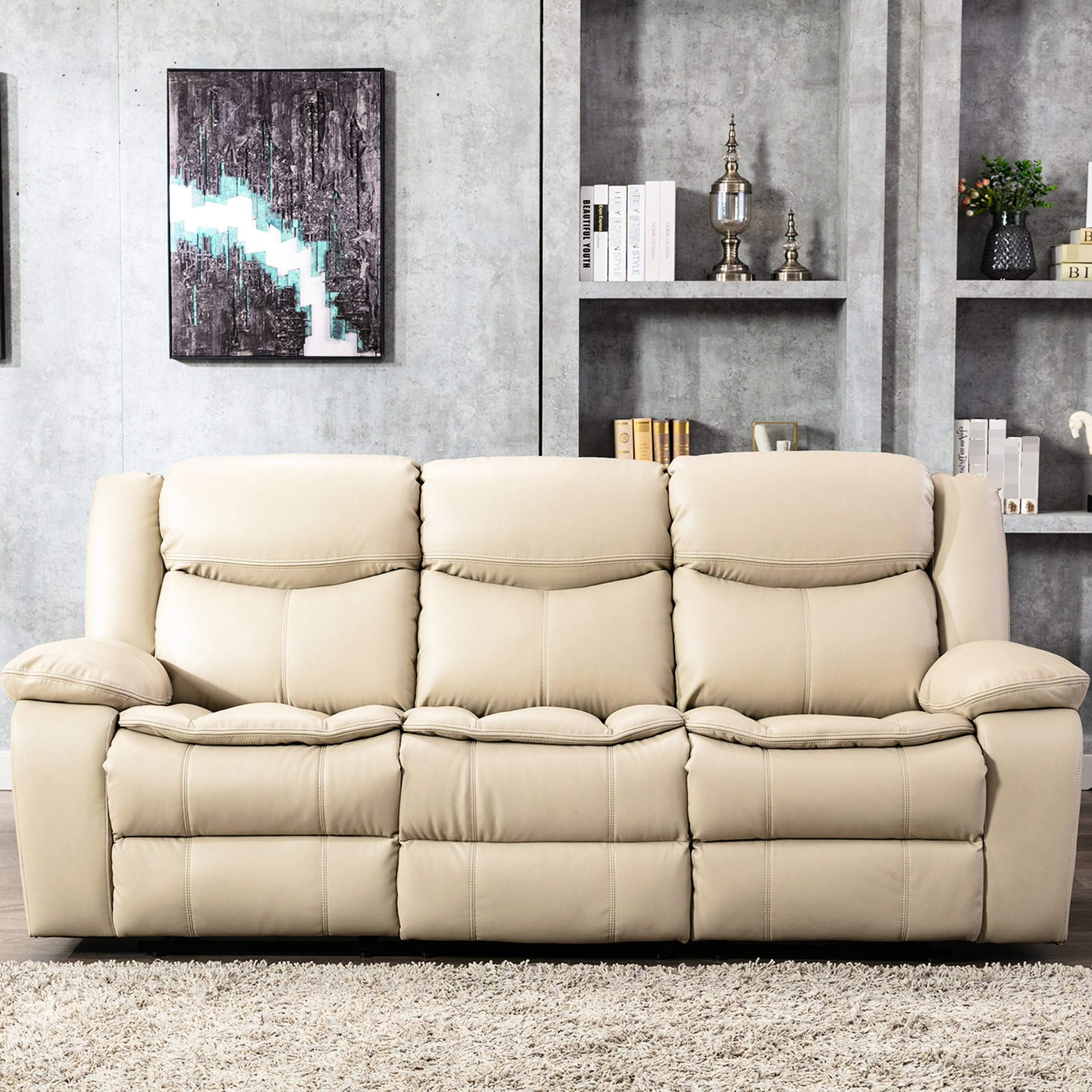 Hokku Designs Cream Leather Sectional For Relaxation In Living Areas ...