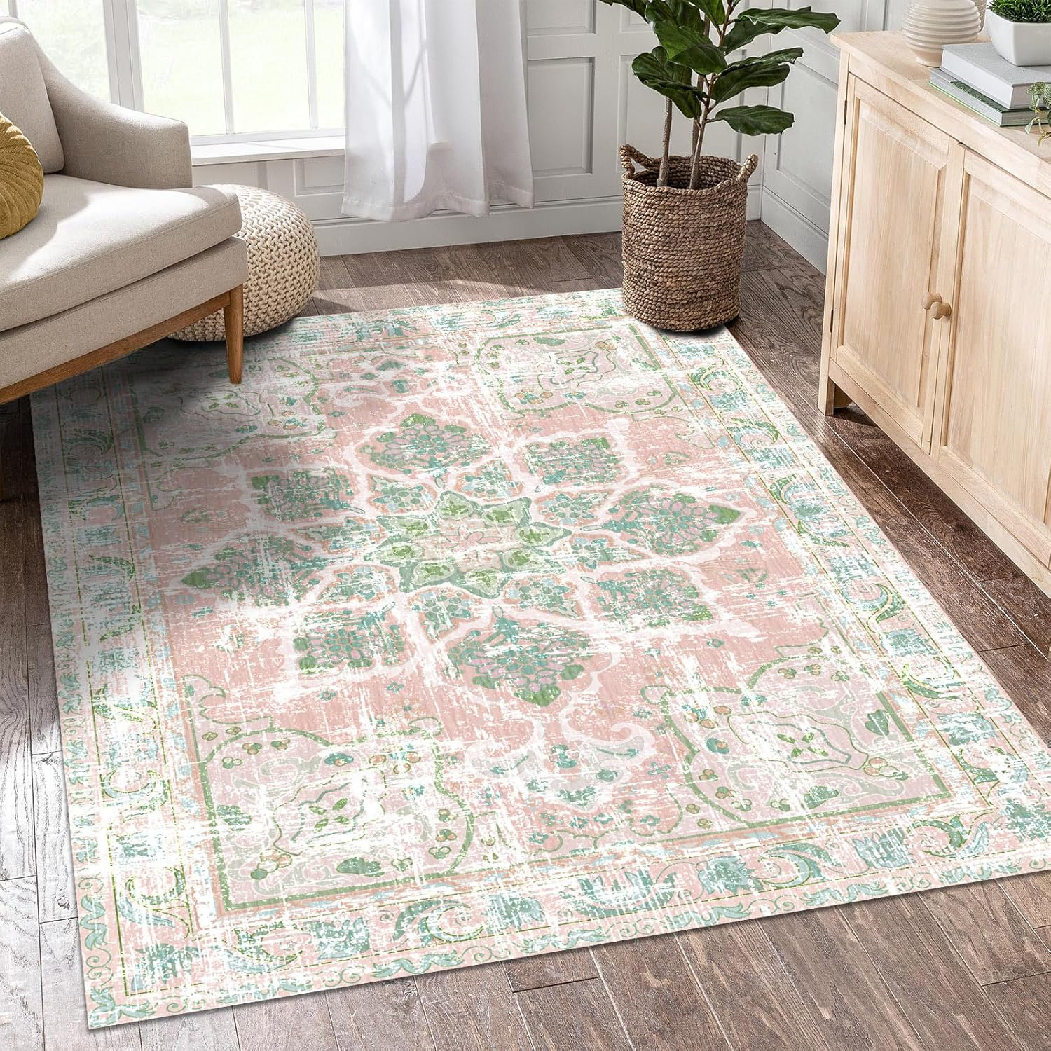Bungalow Rose Rugs Vintage Washable Neutral Modern Dusty Pink And Green ...